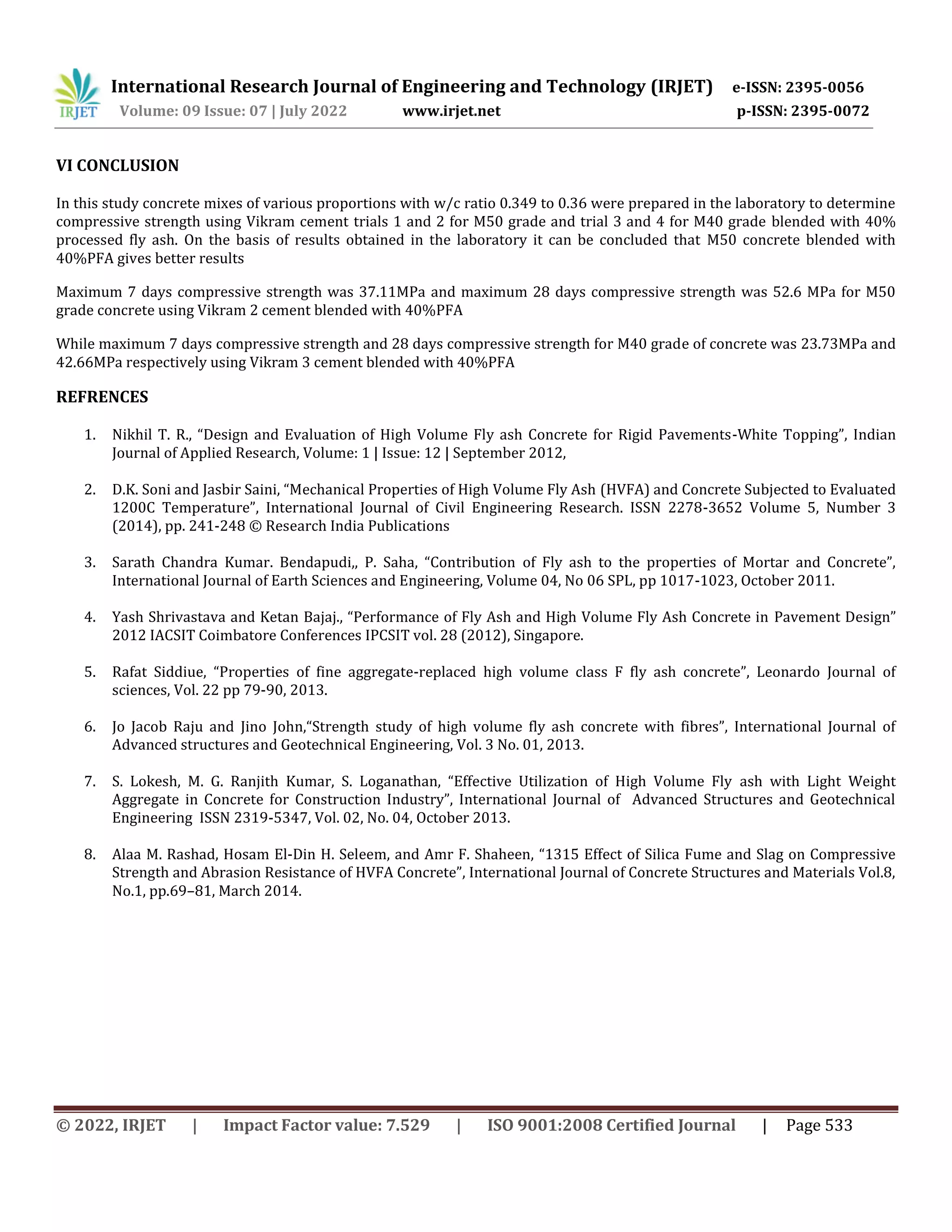 Properties of High Volume Fly Ash concrete M40 and M50 blended with ...