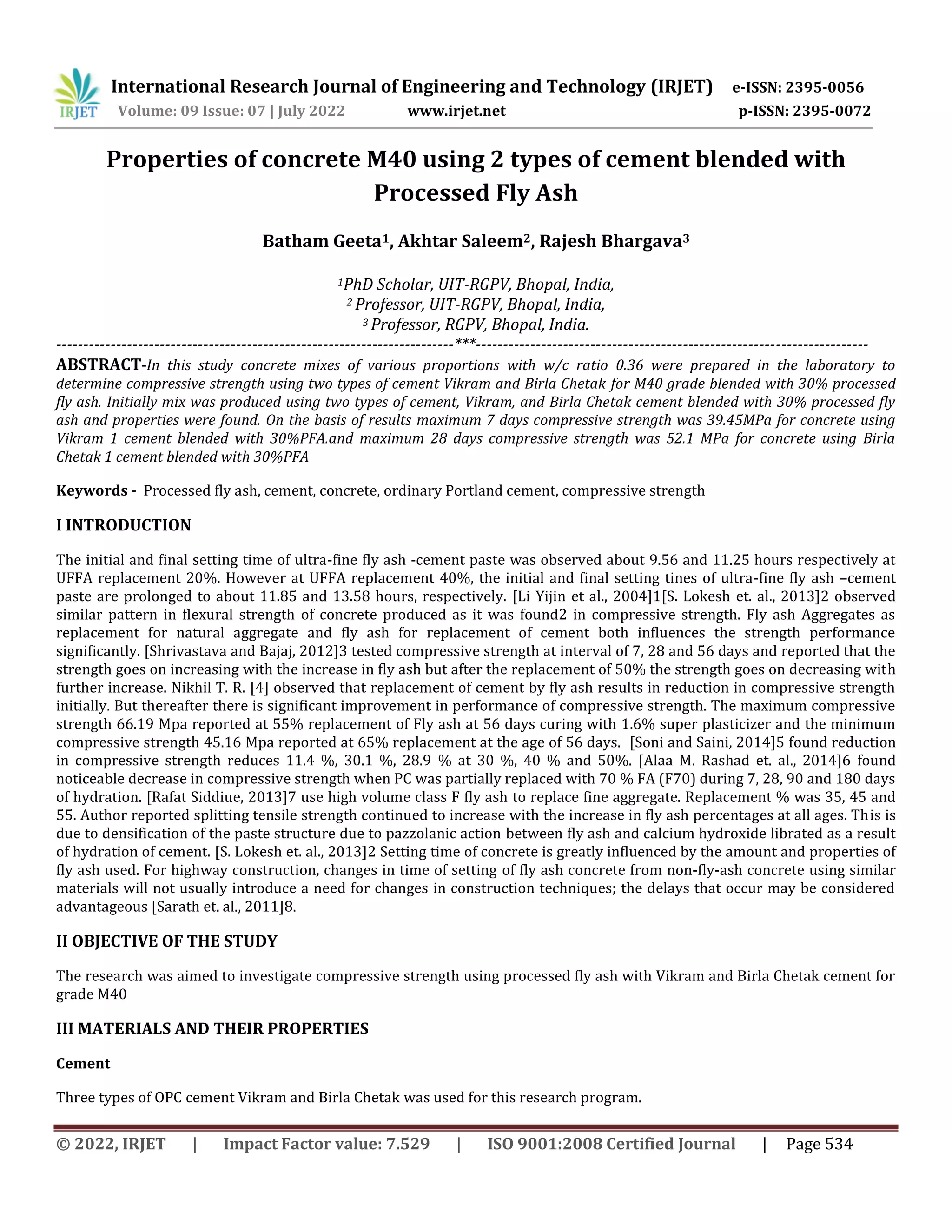 Properties of concrete M40 using 2 types of cement blended with Processed Fly Ash | PDF