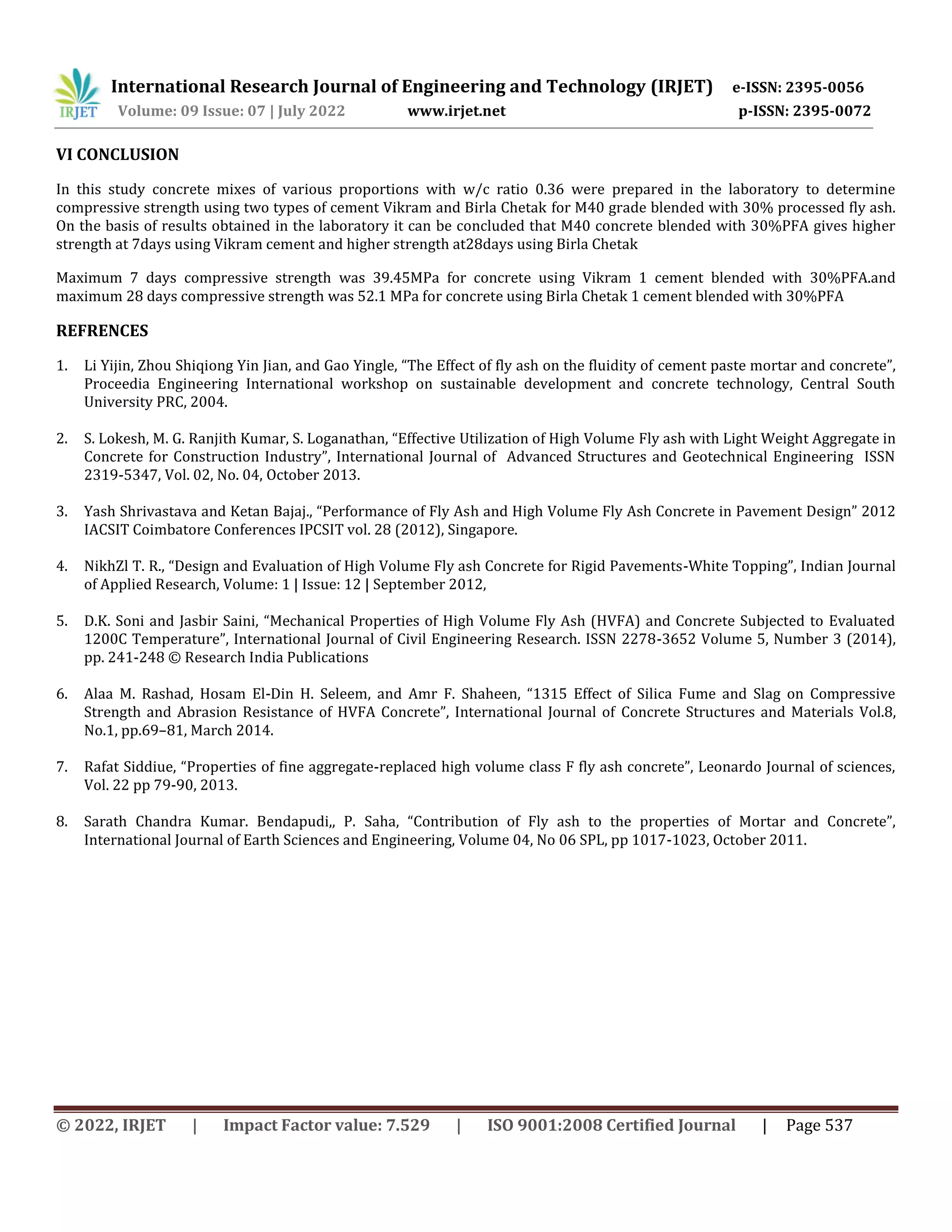 Properties of concrete M40 using 2 types of cement blended with ...