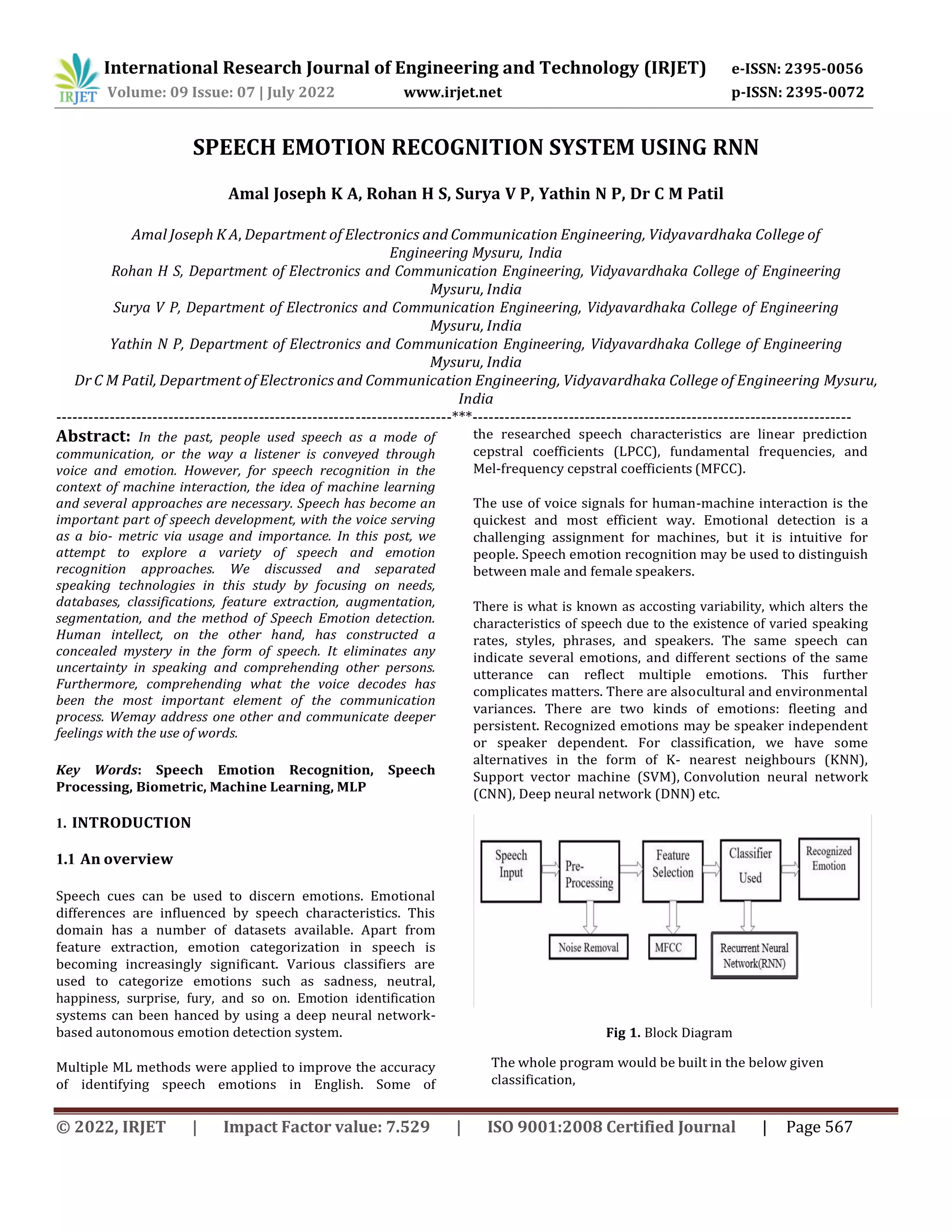 Speech Emotion Recognition System Using Rnn Pdf