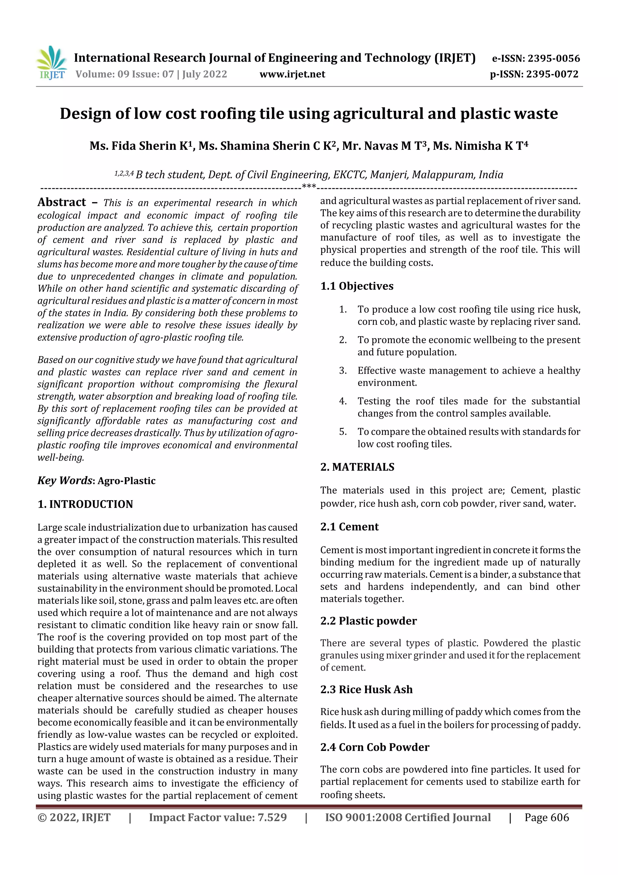 Design of low cost roofing tile using agricultural and plastic waste | PDF