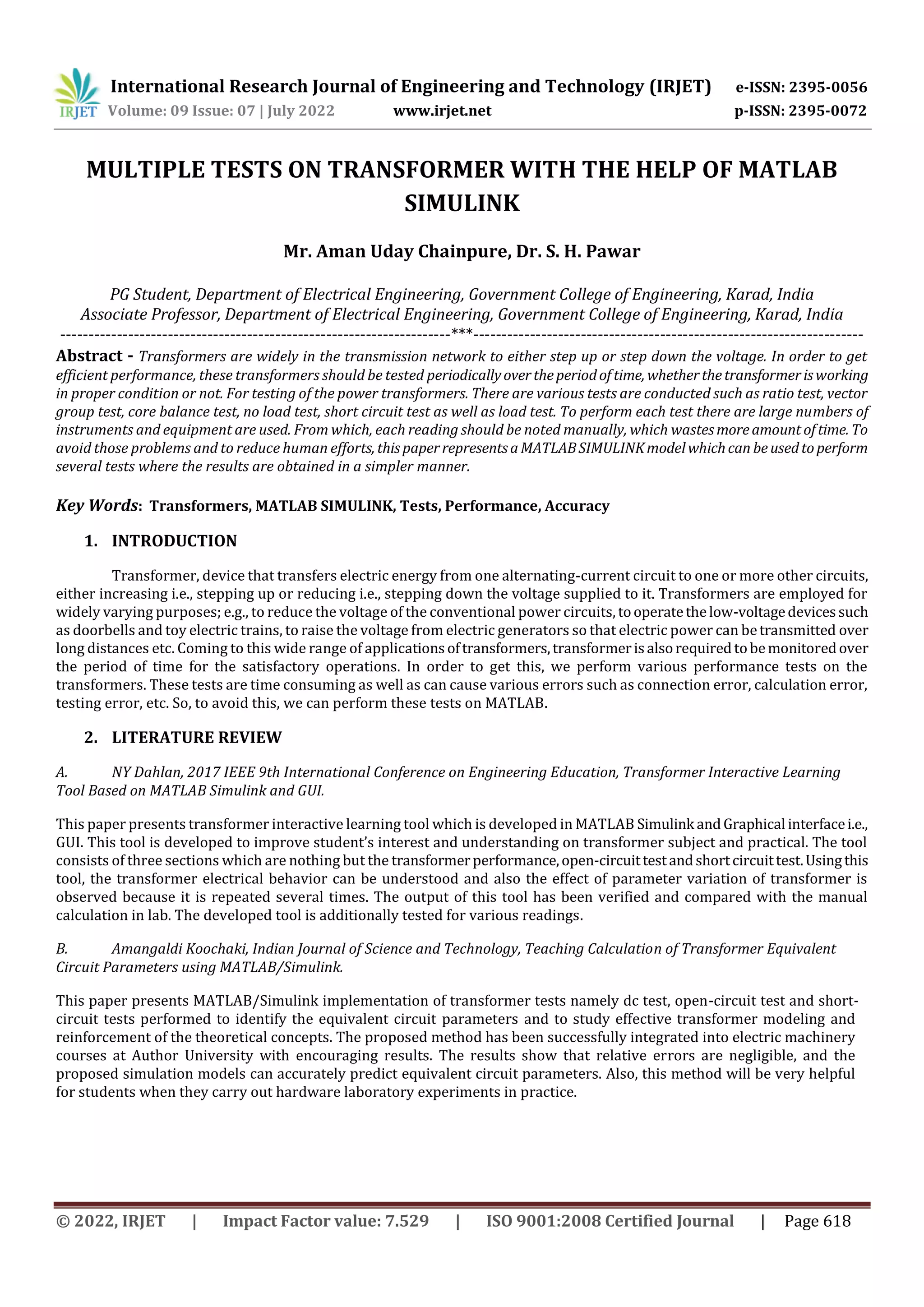 Multiple Tests On Transformer With The Help Of Matlab Simulink Pdf Computer Software And