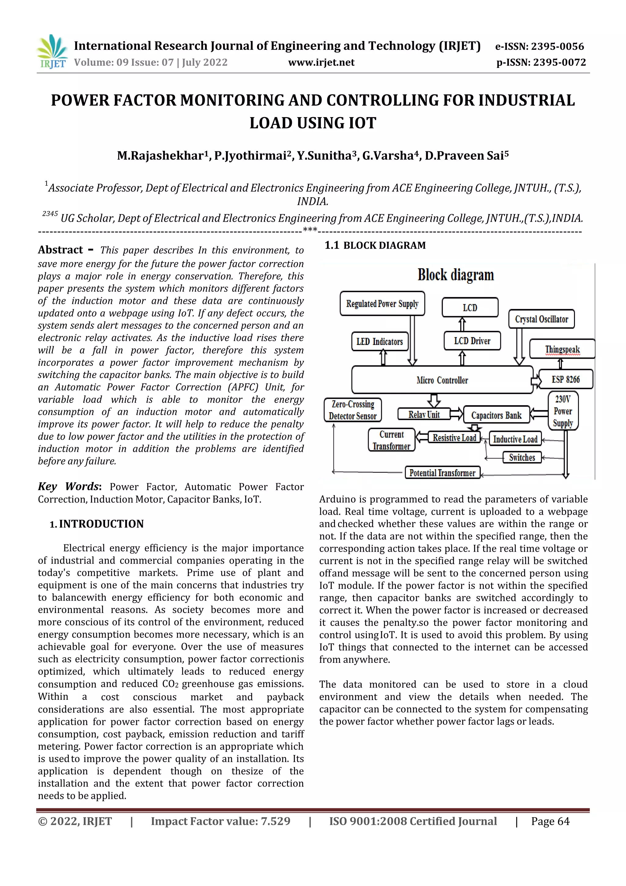 POWER FACTOR MONITORING AND CONTROLLING FOR INDUSTRIAL LOAD USING IOT | PDF