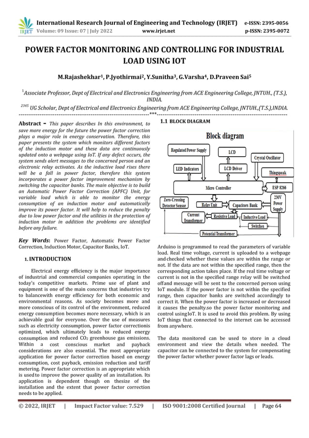 POWER FACTOR MONITORING AND CONTROLLING FOR INDUSTRIAL LOAD USING IOT | PDF