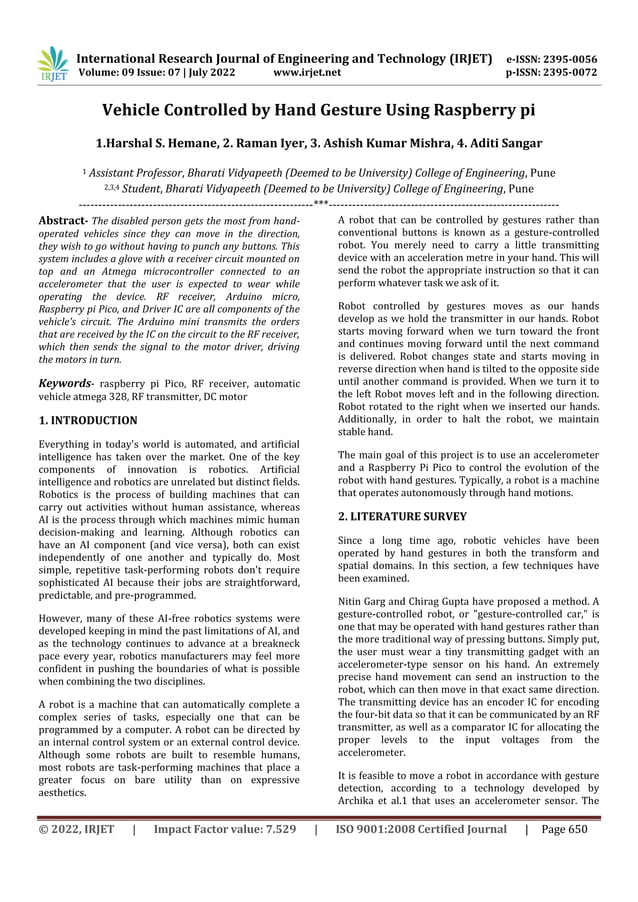 Vehicle Controlled by Hand Gesture Using Raspberry pi | PDF | Robotics | Technology & Computing