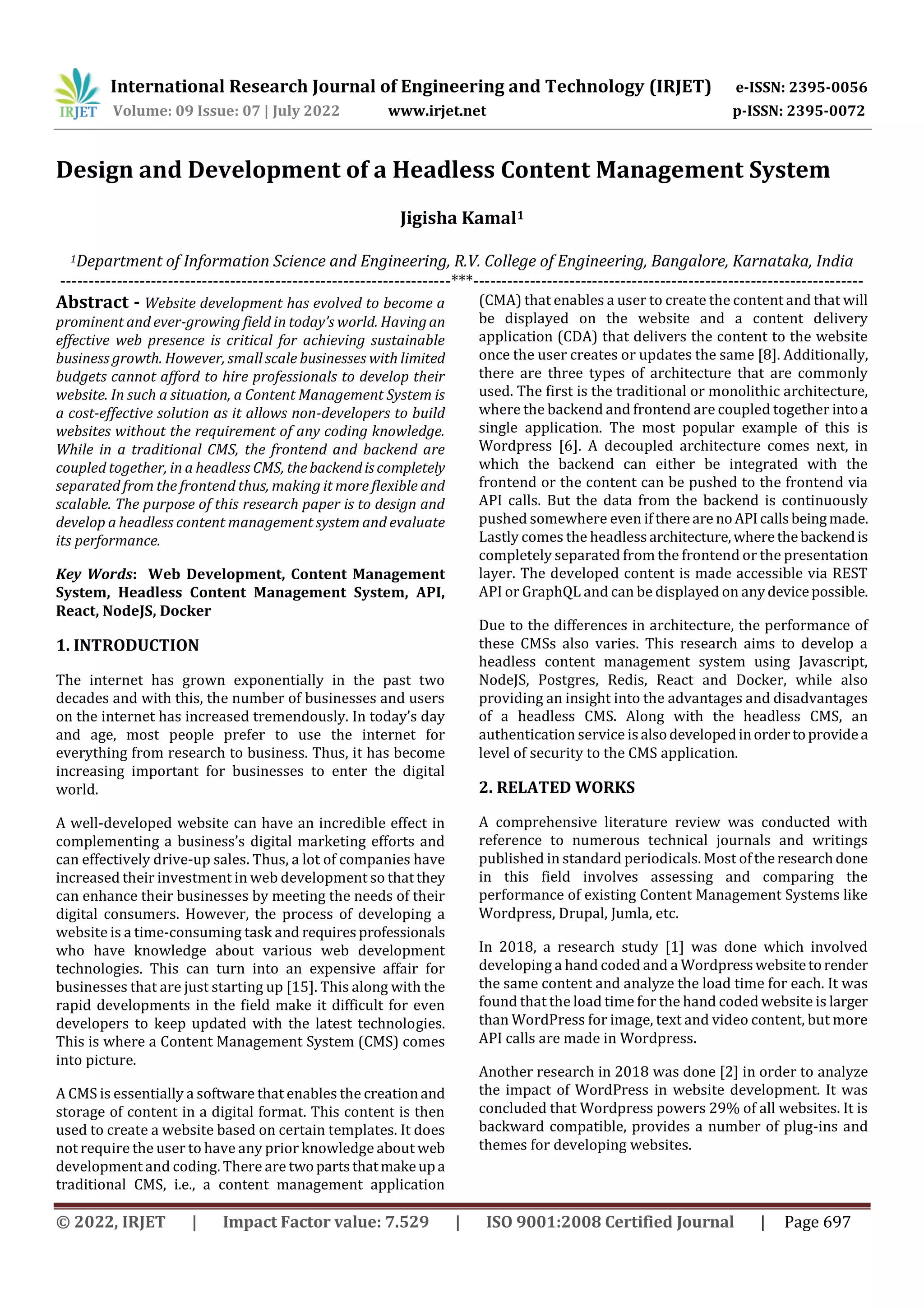 Design and Development of a Headless Content Management System | PDF