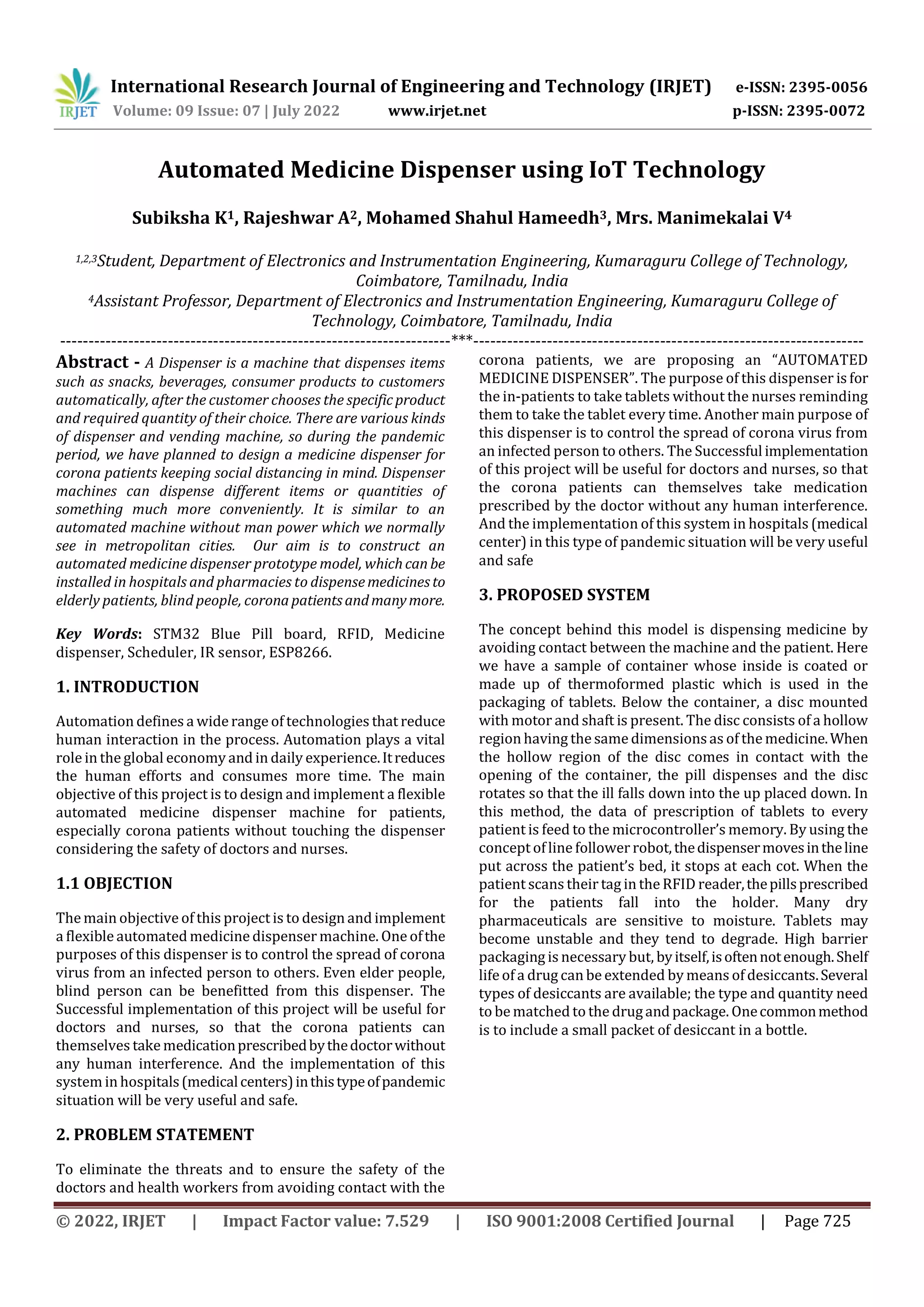 Automated Medicine Dispenser using IoT Technology | PDF