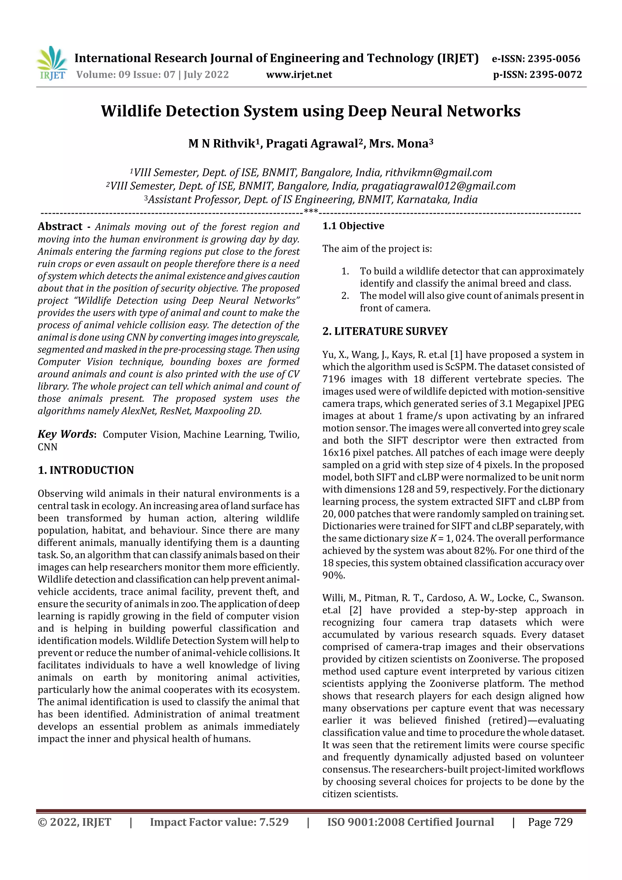 Wildlife Detection System Using Deep Neural Networks Pdf