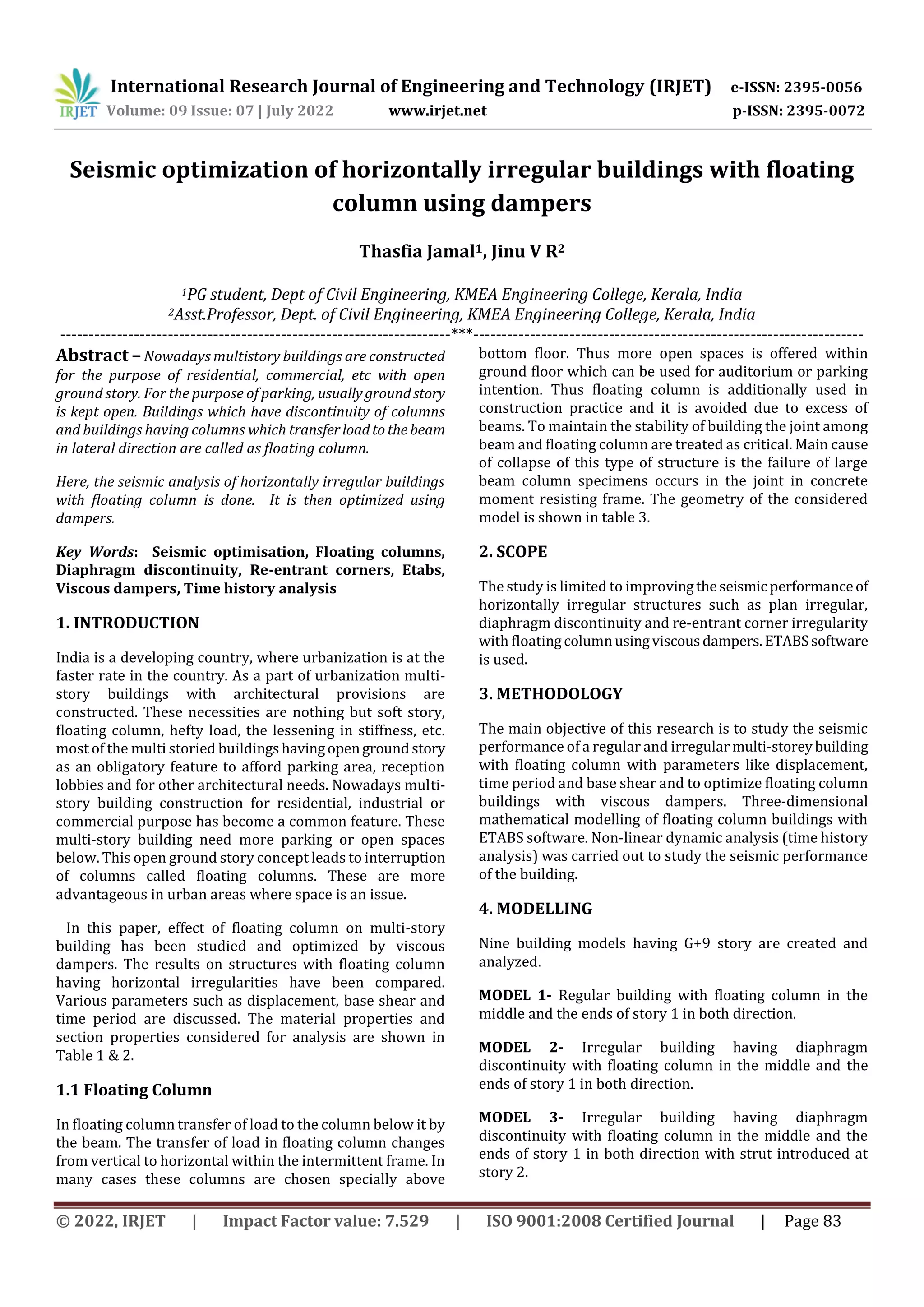 Seismic optimization of horizontally irregular buildings with floating column using dampers | PDF