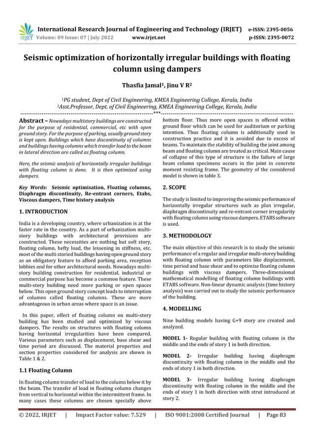Seismic optimization of horizontally irregular buildings with floating column using dampers | PDF