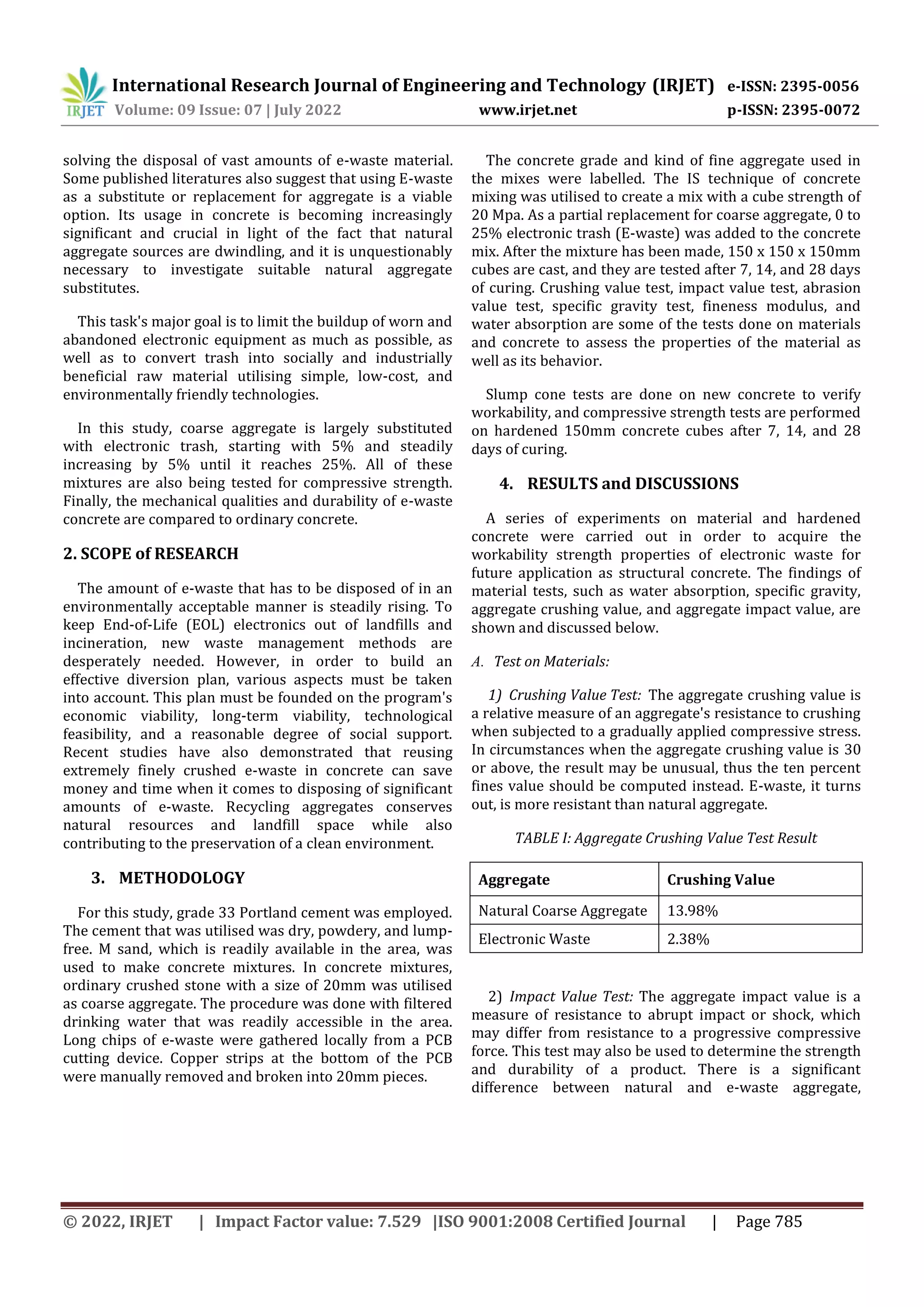 Analysis of E-waste recycling in Green Concrete | PDF
