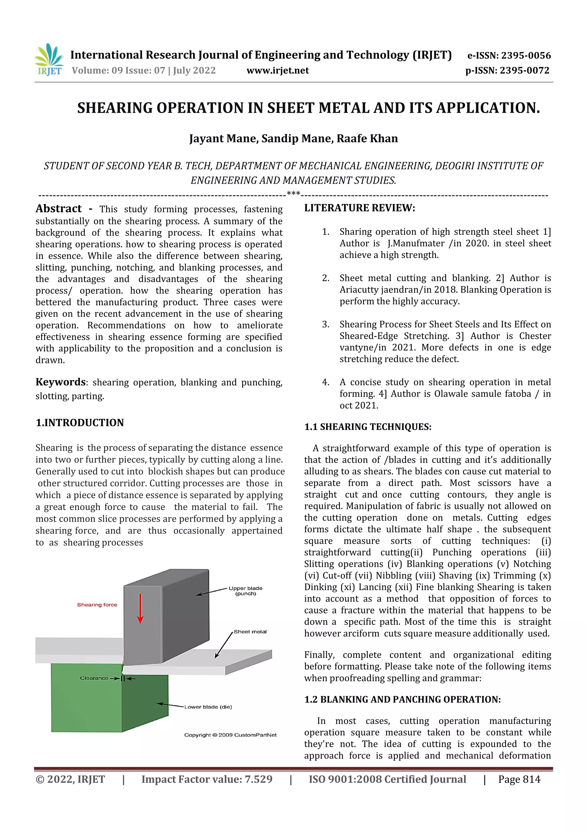 SHEARING OPERATION IN SHEET METAL AND ITS APPLICATION. | PDF