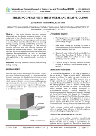 SHEARING OPERATION IN SHEET METAL AND ITS APPLICATION. | PDF