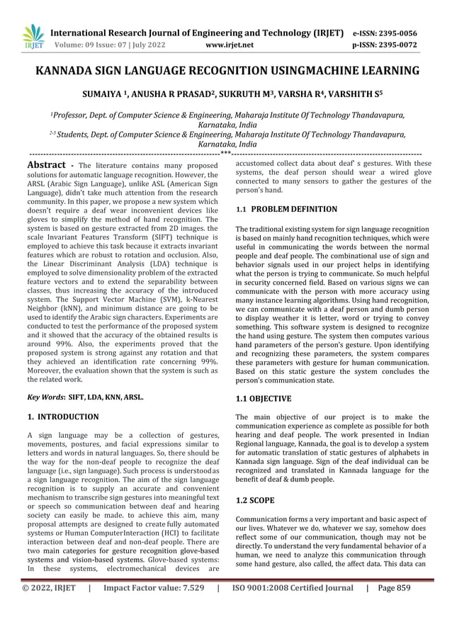 KANNADA SIGN LANGUAGE RECOGNITION USINGMACHINE LEARNING | PDF