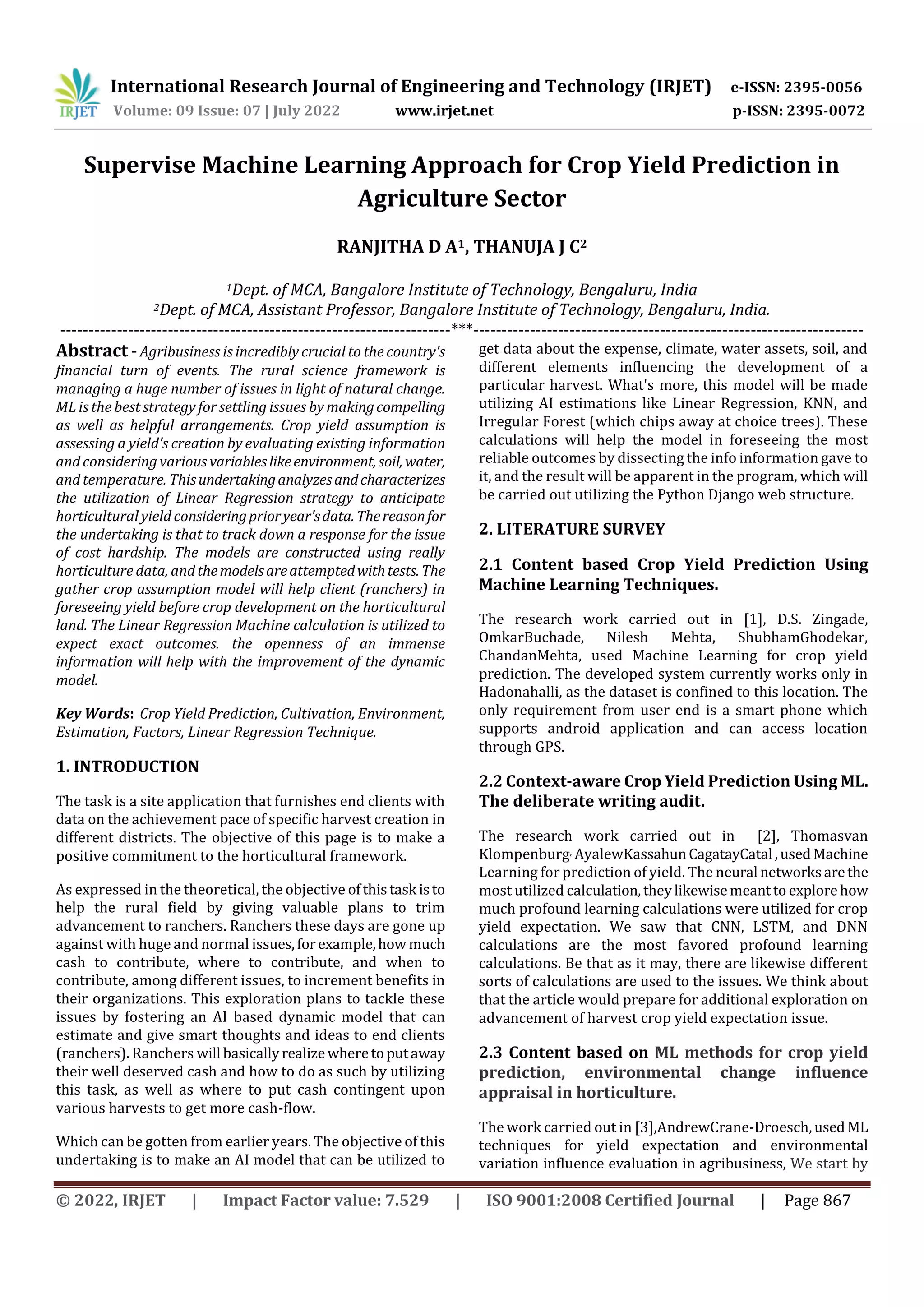 Supervise Machine Learning Approach for Crop Yield Prediction in ...