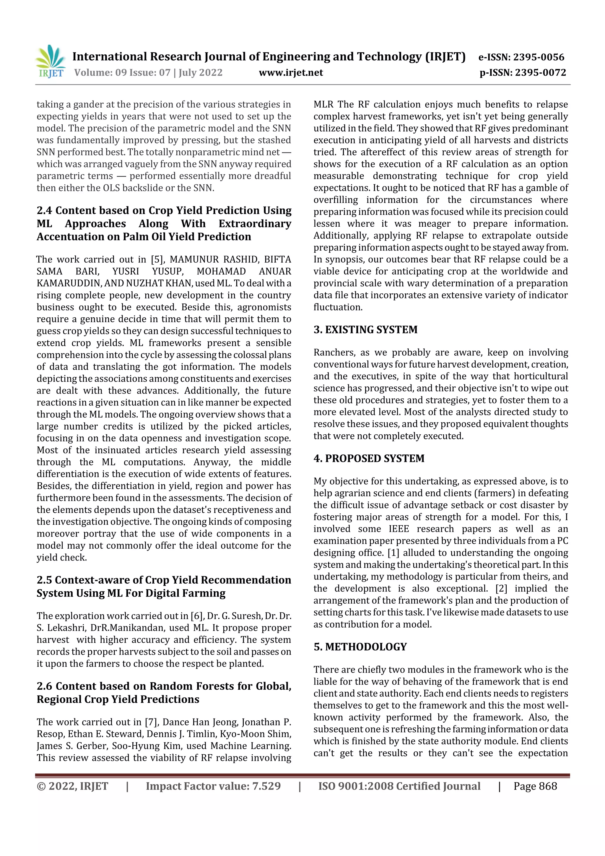 Supervise Machine Learning Approach for Crop Yield Prediction in Agriculture Sector | PDF