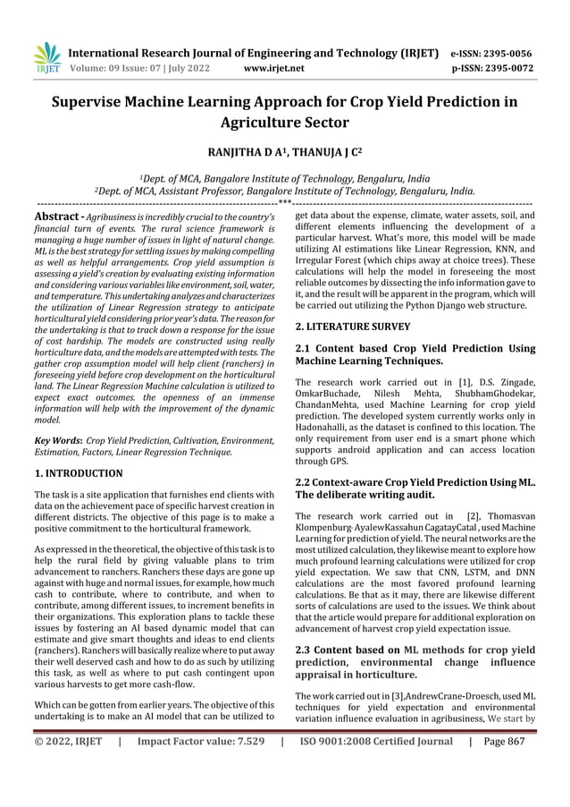 Supervise Machine Learning Approach for Crop Yield Prediction in Agriculture Sector | PDF