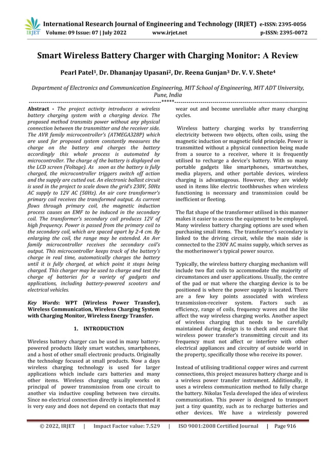 Smart Wireless Battery Charger with Charging Monitor: A Review | PDF