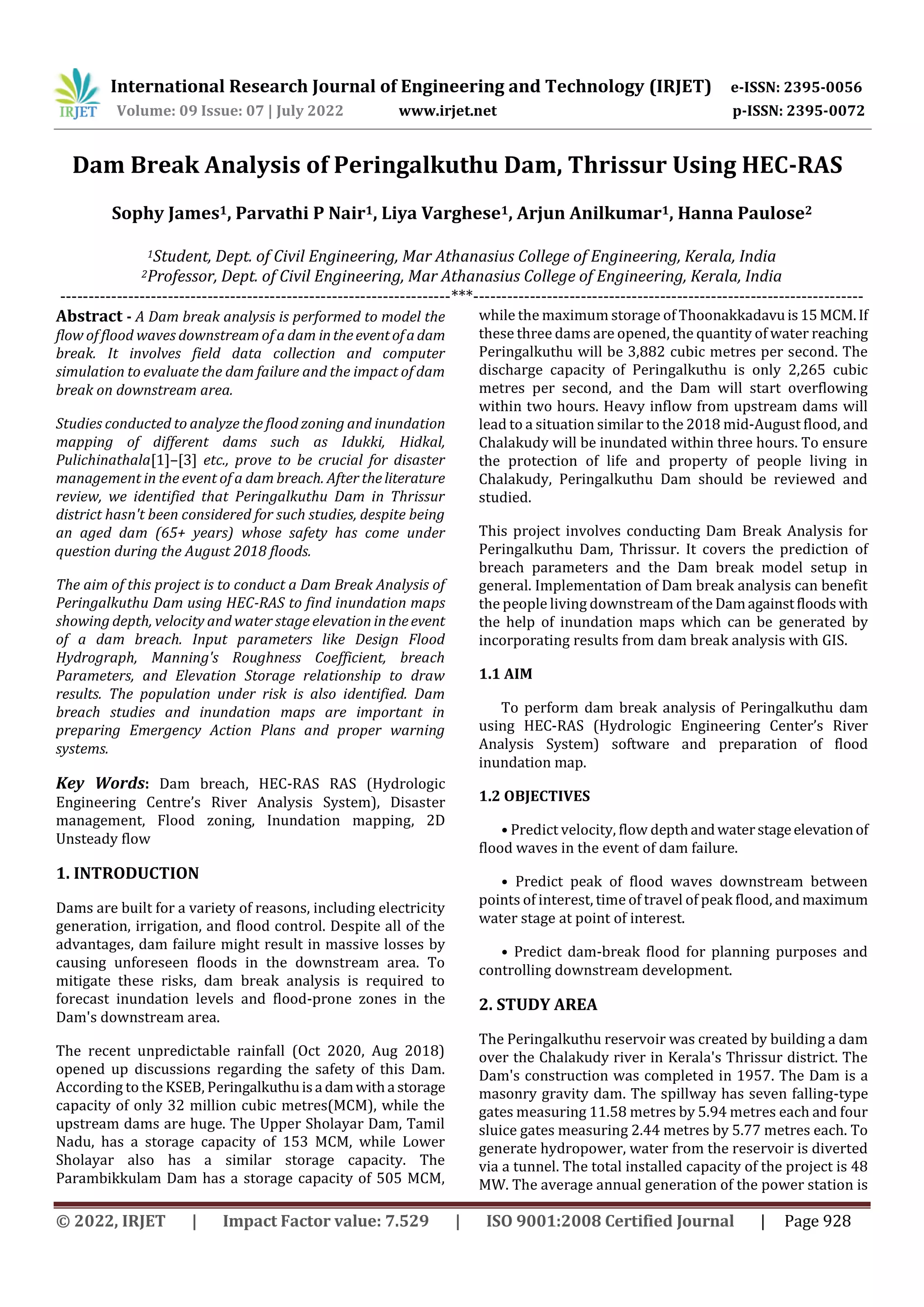 Dam Break Analysis of Peringalkuthu Dam, Thrissur Using HEC-RAS | PDF