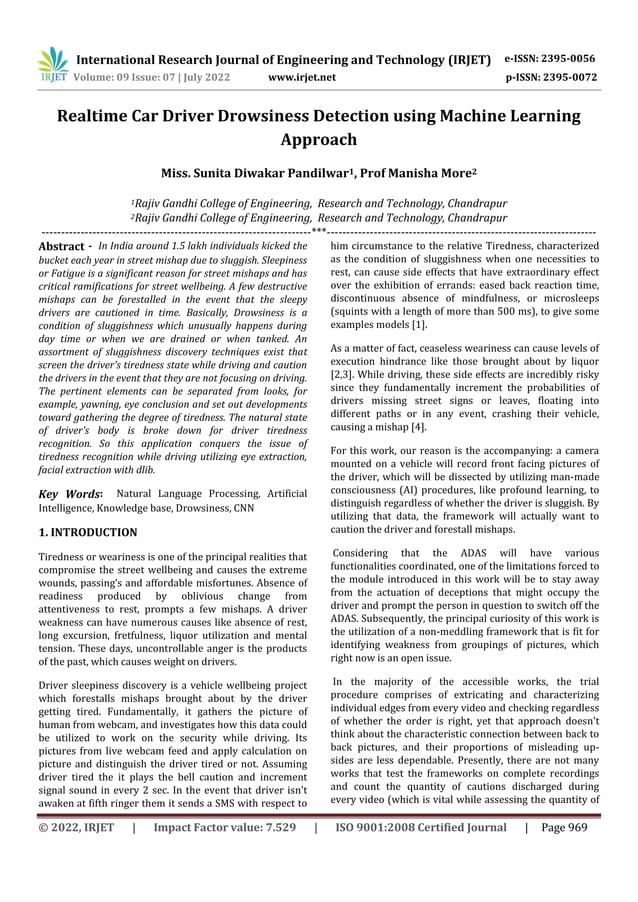 Realtime Car Driver Drowsiness Detection Using Machine Learning Approach Pdf