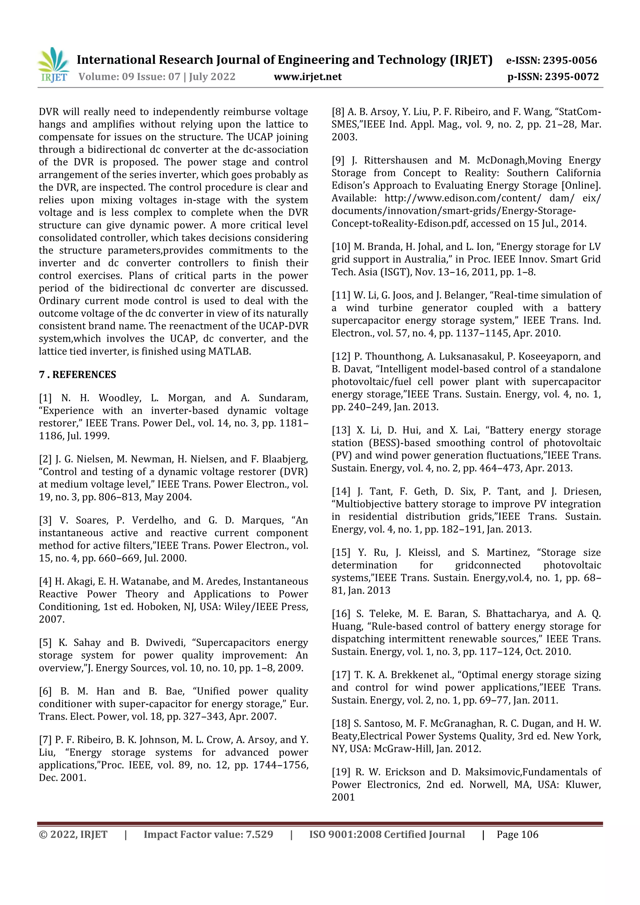POWER QUALITY IMPROVEMENT OF DISTRIBUTION GRID USING ULTRA CAPACITOR INTEGRATED DYNAMIC VOLTAGE ...
