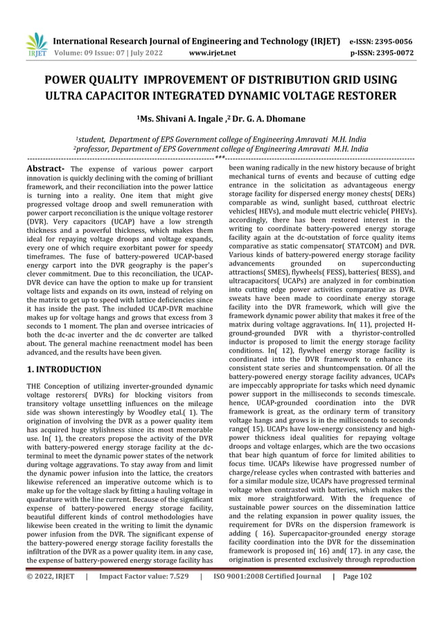 POWER QUALITY IMPROVEMENT OF DISTRIBUTION GRID USING ULTRA CAPACITOR INTEGRATED DYNAMIC VOLTAGE ...