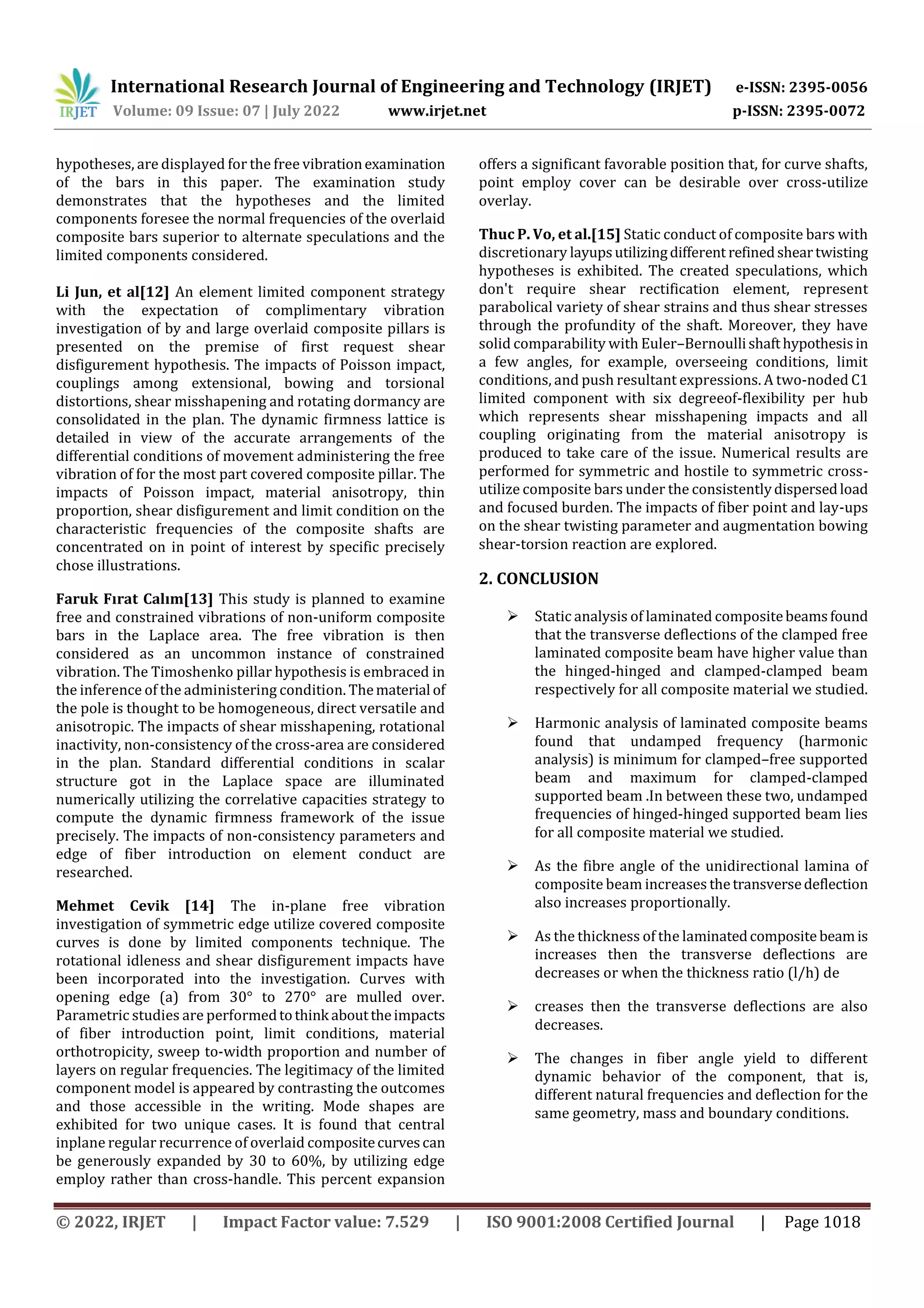 REVIEW STATIC AND DYNAMIC ANALYSIS OF A LAMINATED COMPOSITE BEAM | PDF