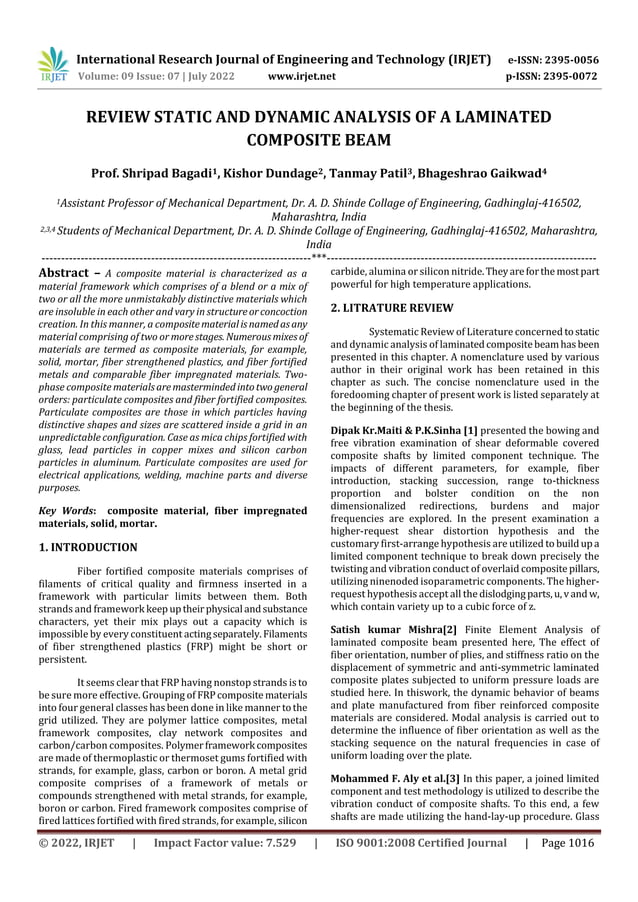 REVIEW STATIC AND DYNAMIC ANALYSIS OF A LAMINATED COMPOSITE BEAM | PDF