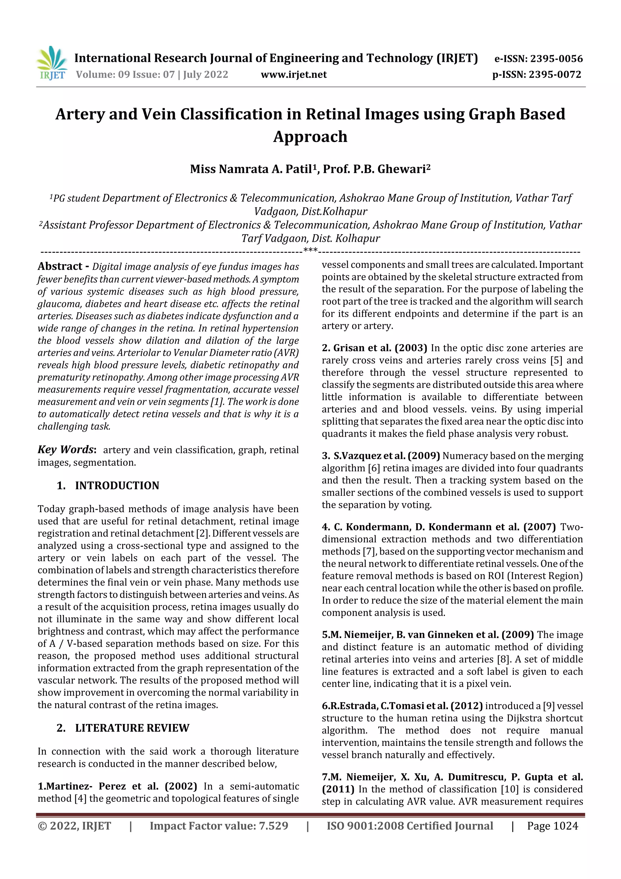 Artery and Vein Classification in Retinal Images using Graph Based ...
