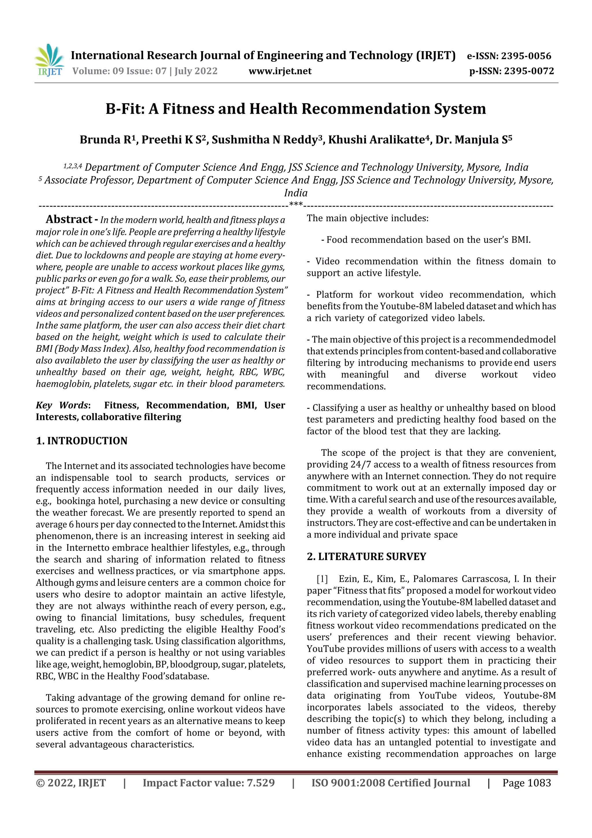 B-Fit: A Fitness and Health Recommendation System | PDF