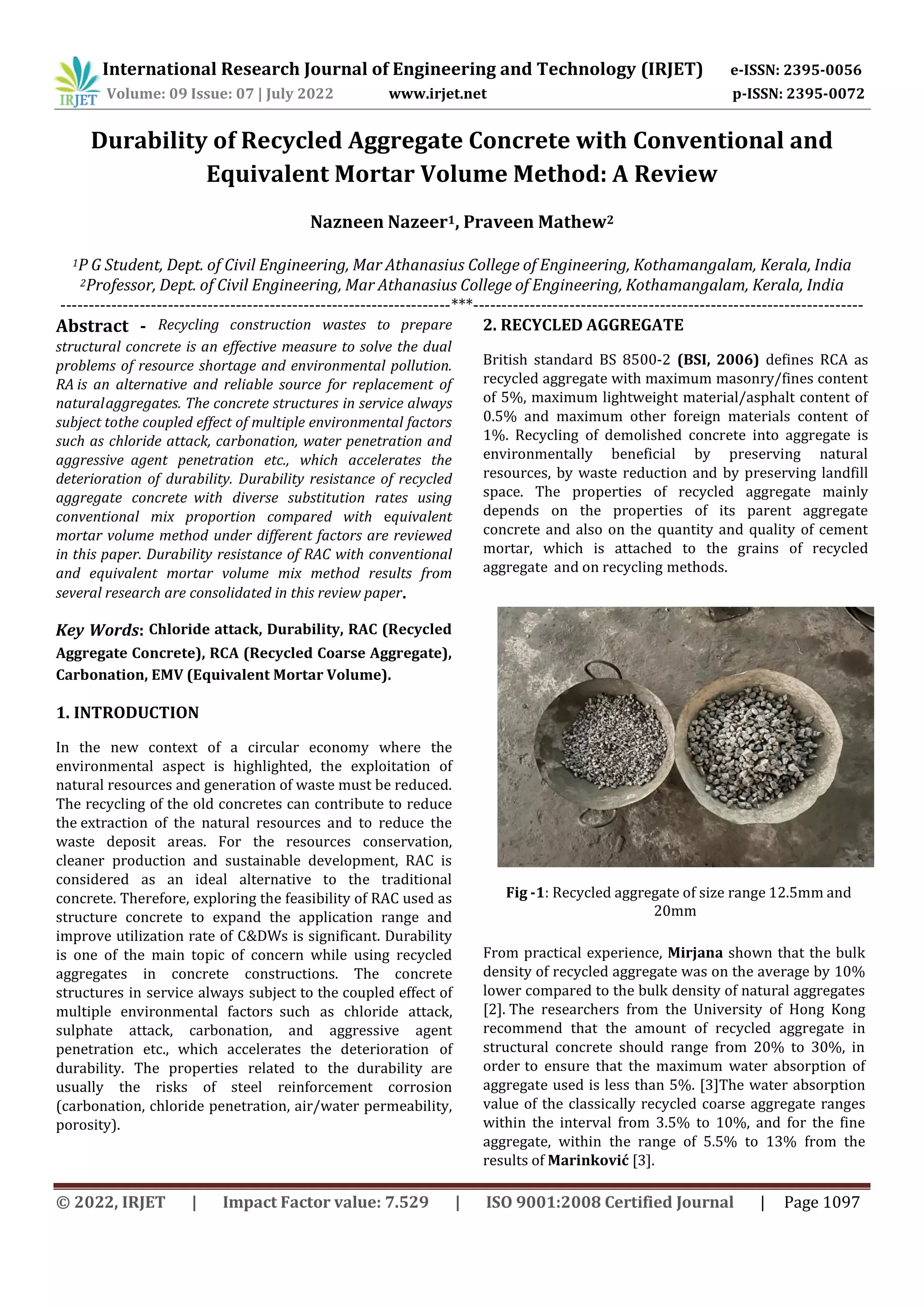 Durability of Recycled Aggregate Concrete with Conventional and Equivalent Mortar Volume Method ...