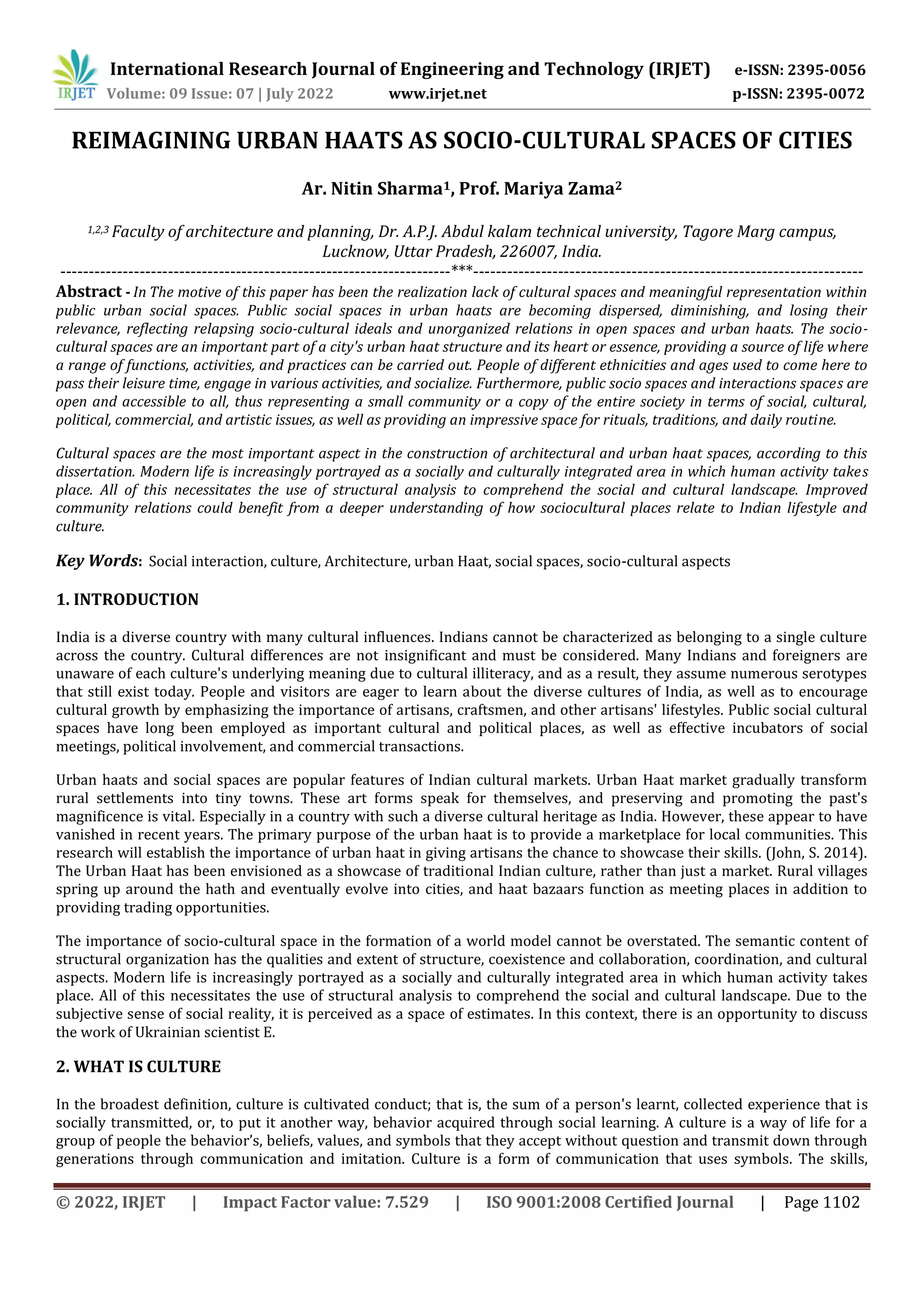 REIMAGINING URBAN HAATS AS SOCIO-CULTURAL SPACES OF CITIES | PDF