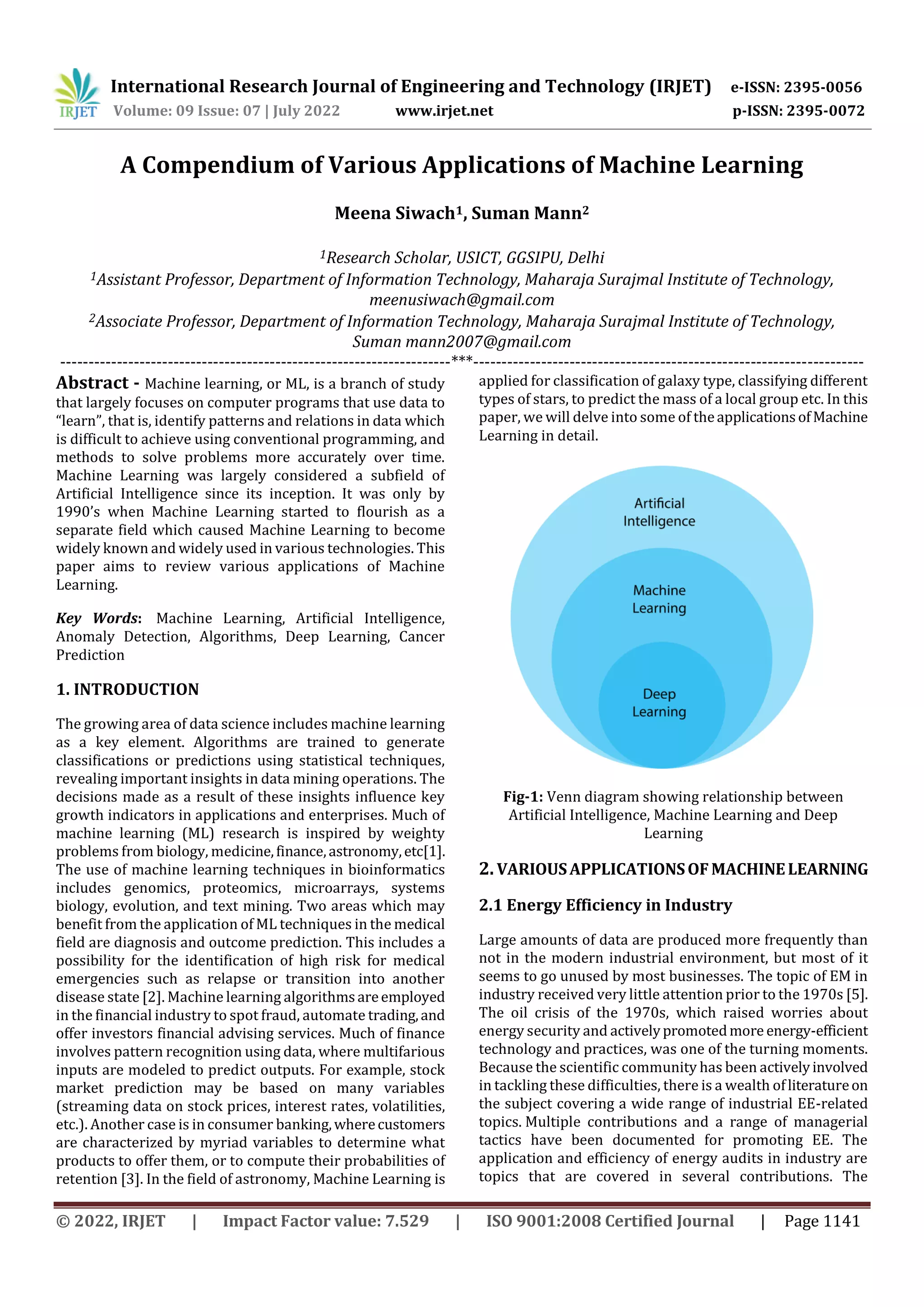 A Compendium of Various Applications of Machine Learning | PDF