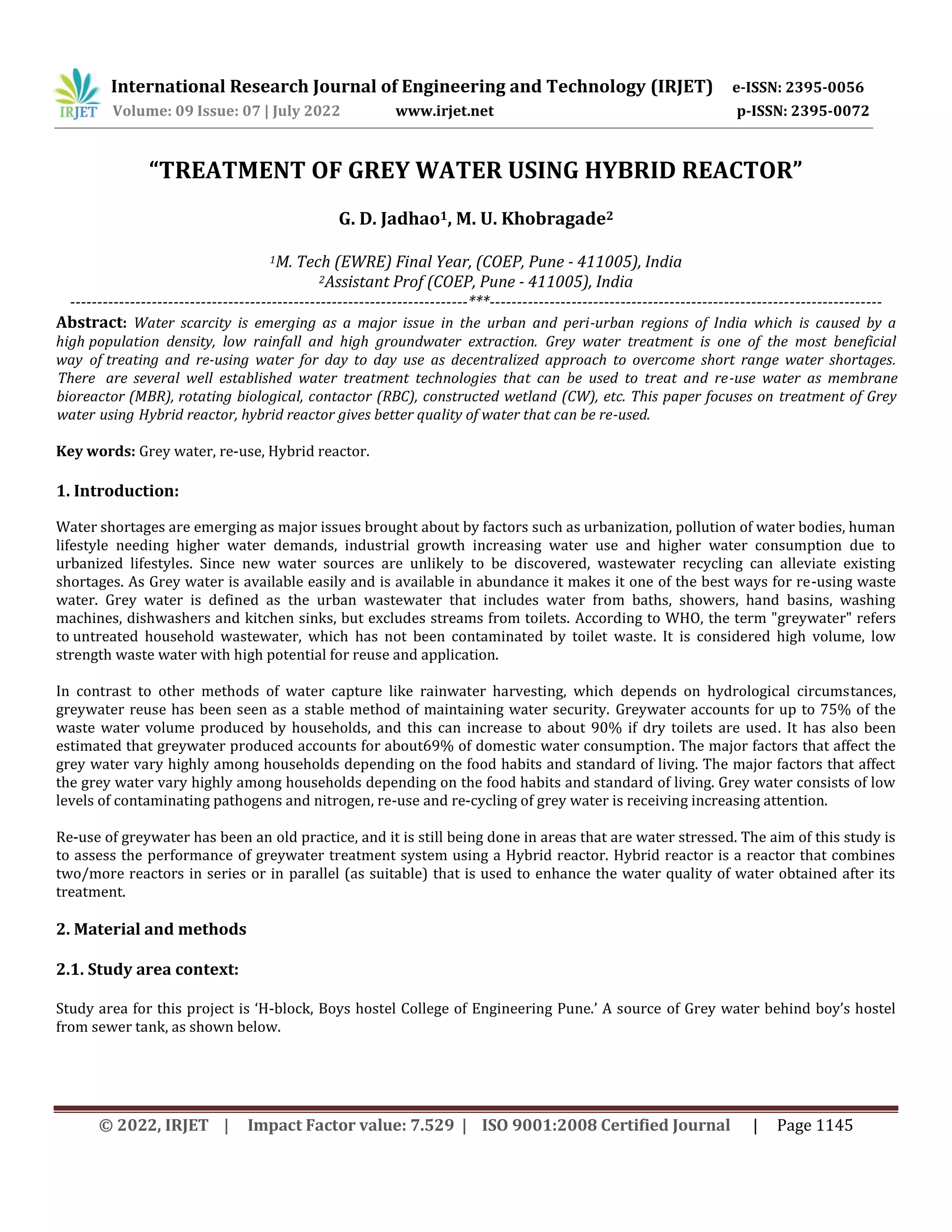 “TREATMENT OF GREY WATER USING HYBRID REACTOR” | PDF