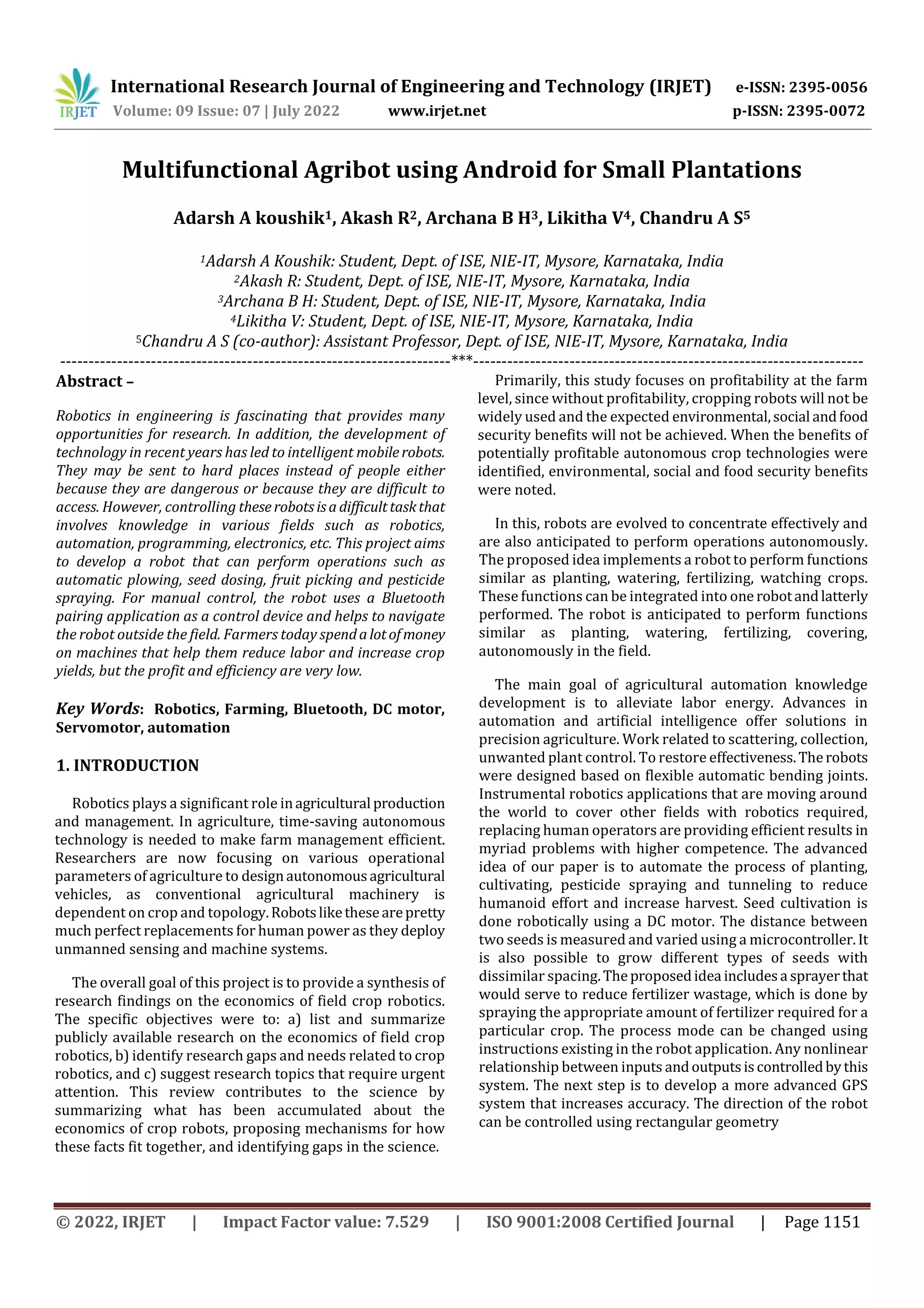 Multifunctional Agribot using Android for Small Plantations | PDF