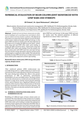 NUMERICAL EVALUATION OF BEAM COLUMN JOINT REINFORCED WITH GFRP BARS AND STIRRUPS | PDF