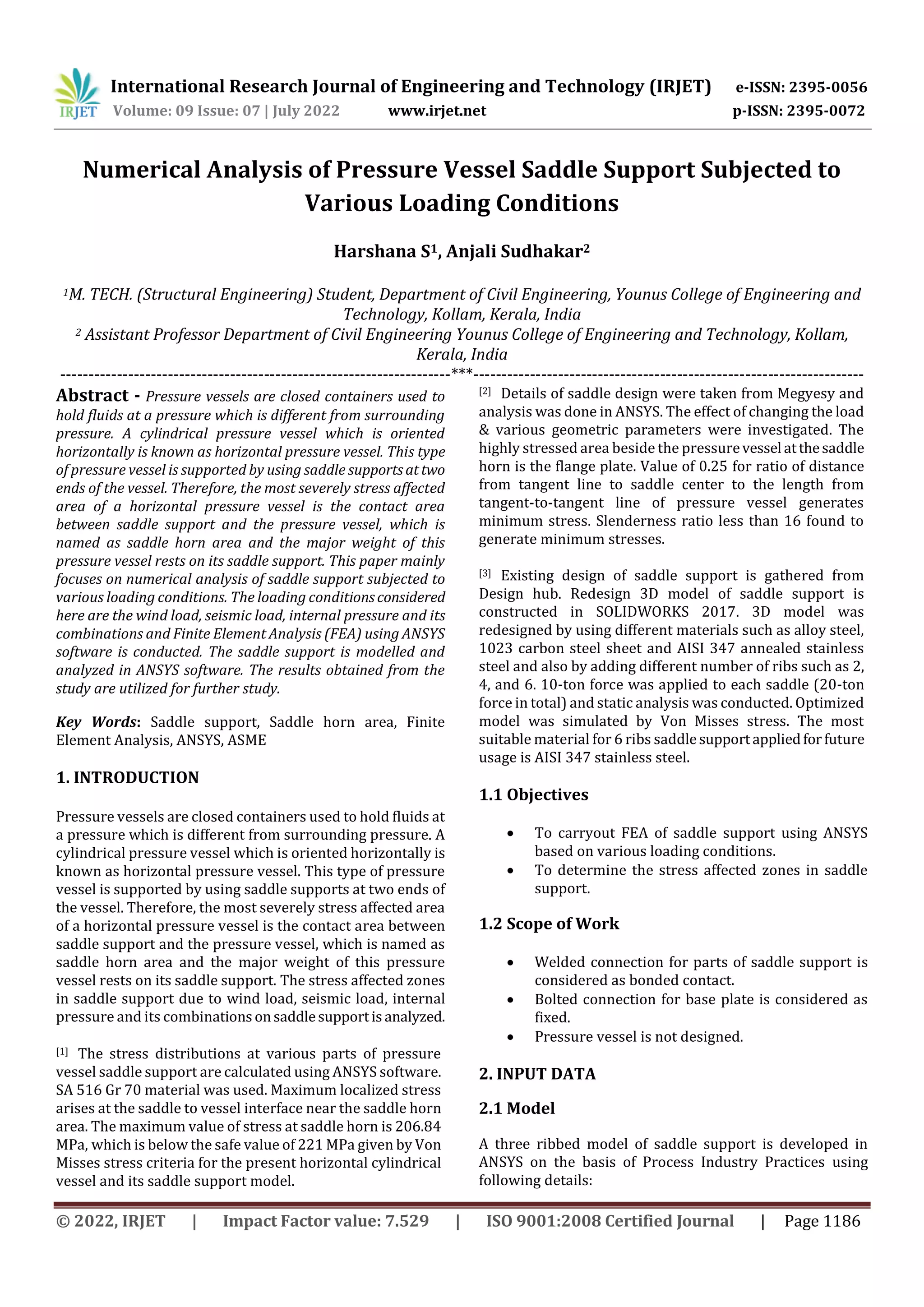 Numerical Analysis of Pressure Vessel Saddle Support Subjected to Various Loading Conditions | PDF