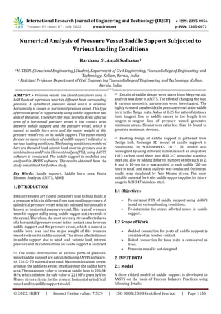 Numerical Analysis of Pressure Vessel Saddle Support Subjected to ...