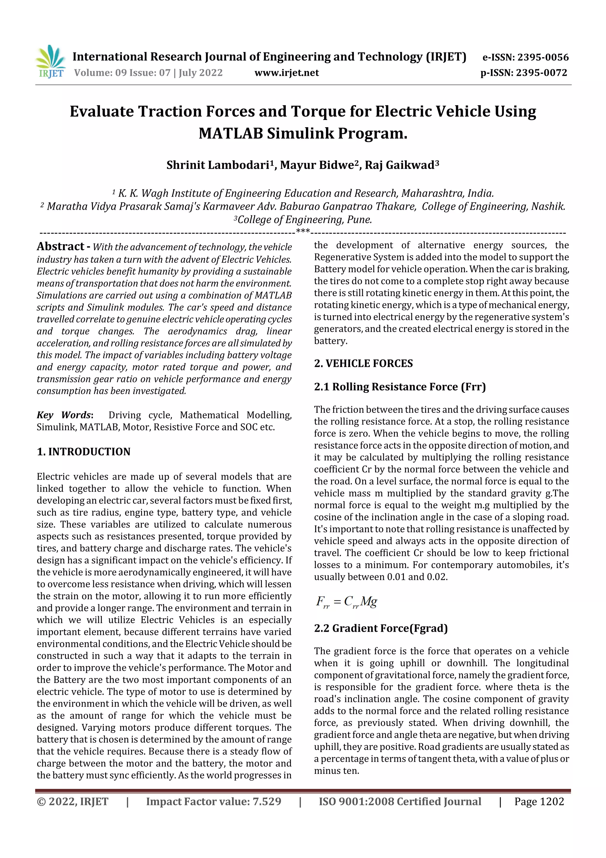 Evaluate Traction Forces and Torque for Electric Vehicle Using MATLAB ...