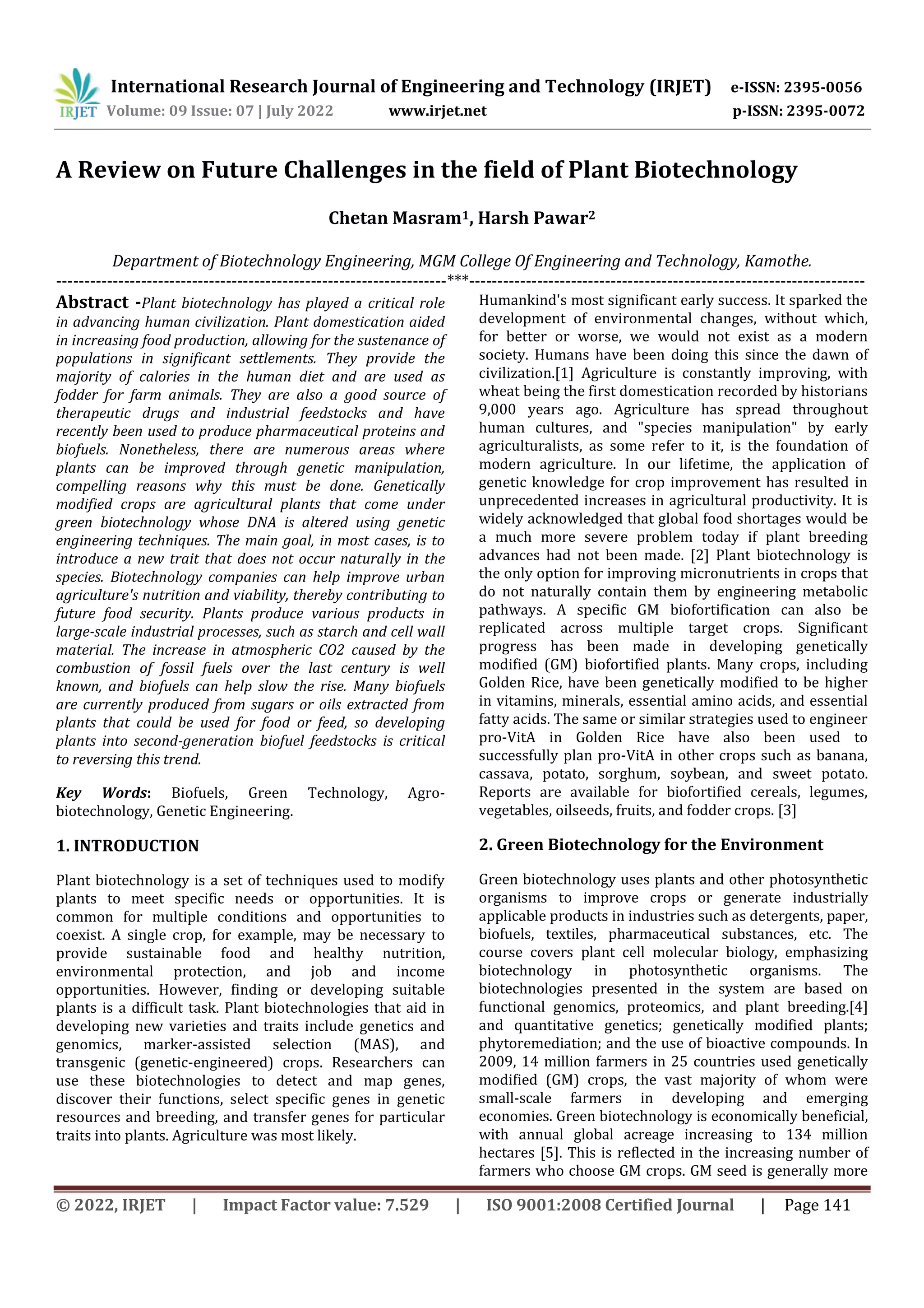 A Review on Future Challenges in the field of Plant Biotechnology | PDF