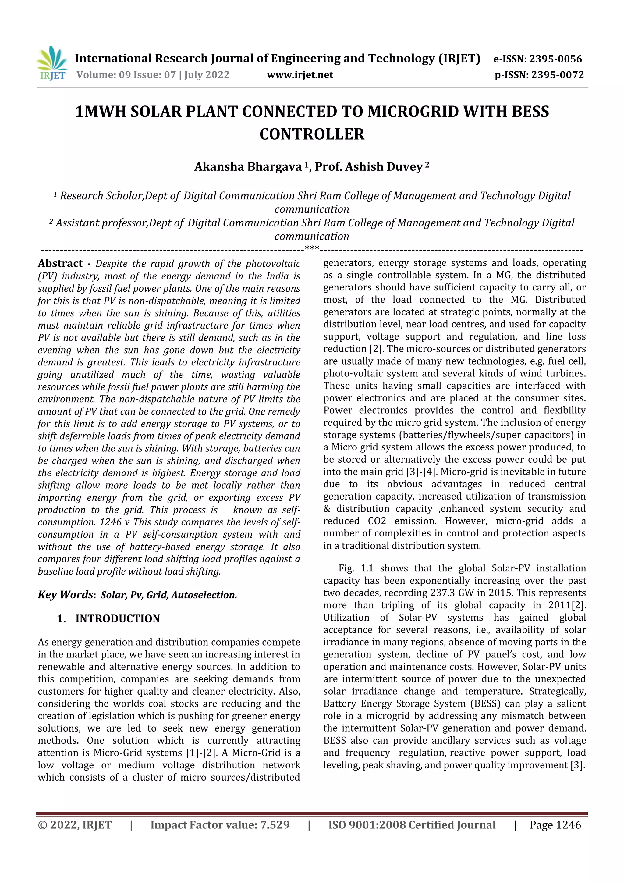 1MWH SOLAR PLANT CONNECTED TO MICROGRID WITH BESS CONTROLLER | PDF