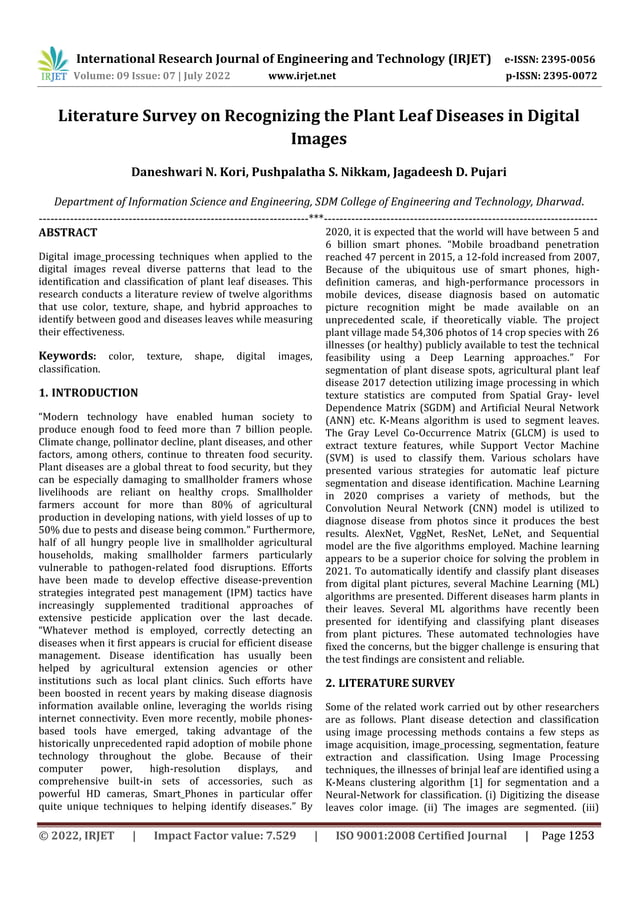 Literature Survey on Recognizing the Plant Leaf Diseases in Digital Images | PDF | Agriculture ...