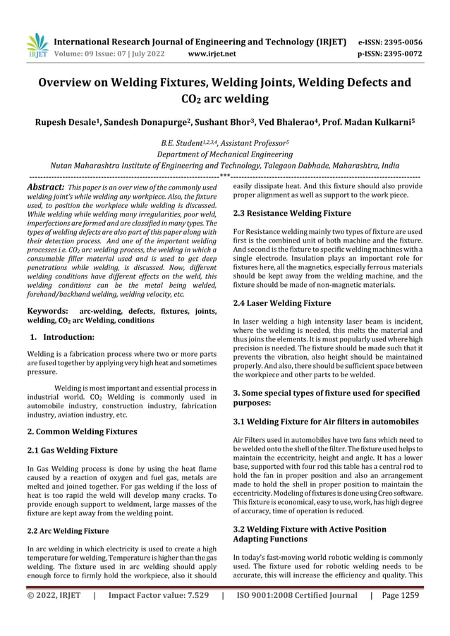 Overview on Welding Fixtures, Welding Joints, Welding Defects and CO2 arc welding | PDF ...