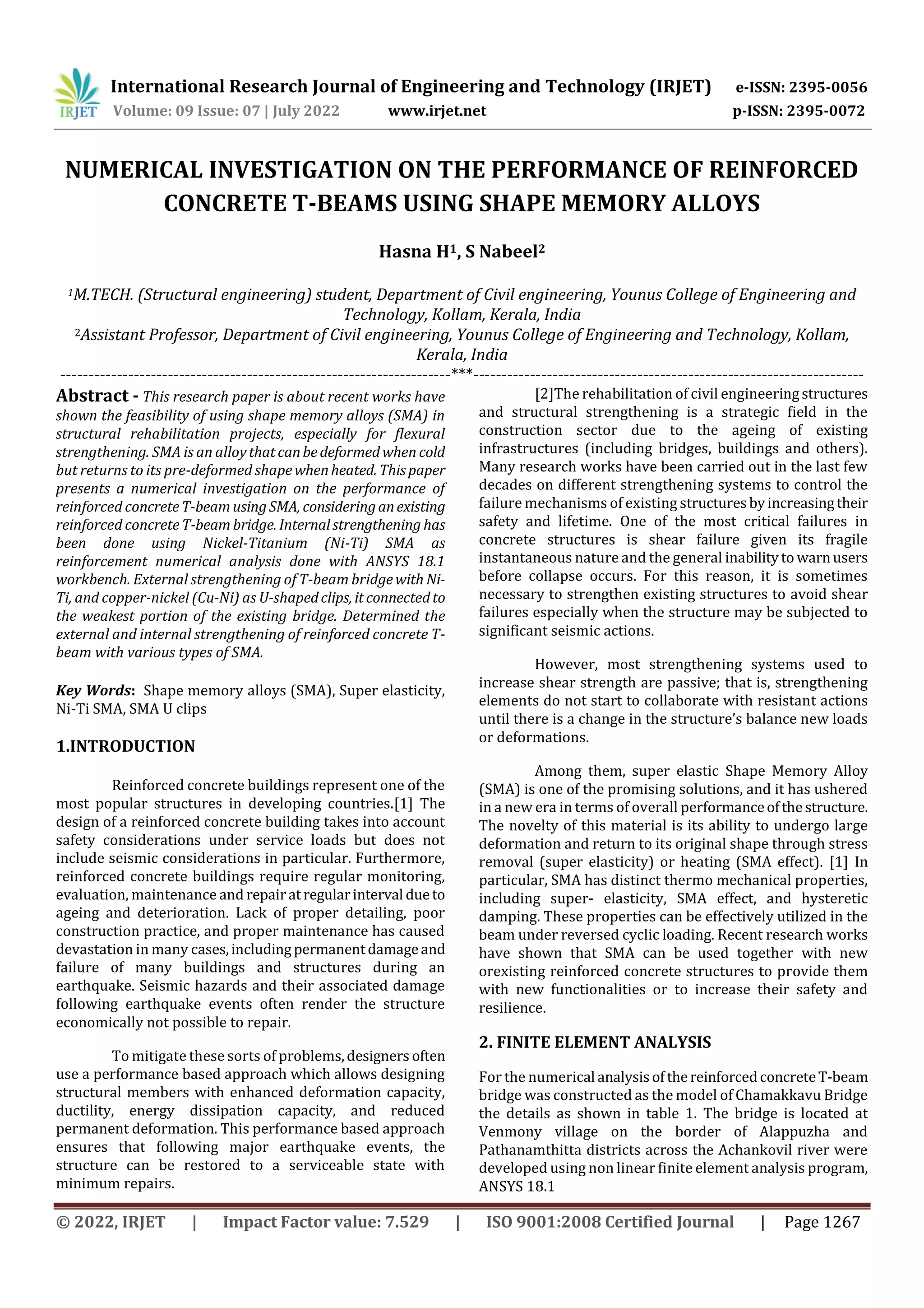 NUMERICAL INVESTIGATION ON THE PERFORMANCE OF REINFORCED CONCRETE T-BEAMS USING SHAPE MEMORY ...