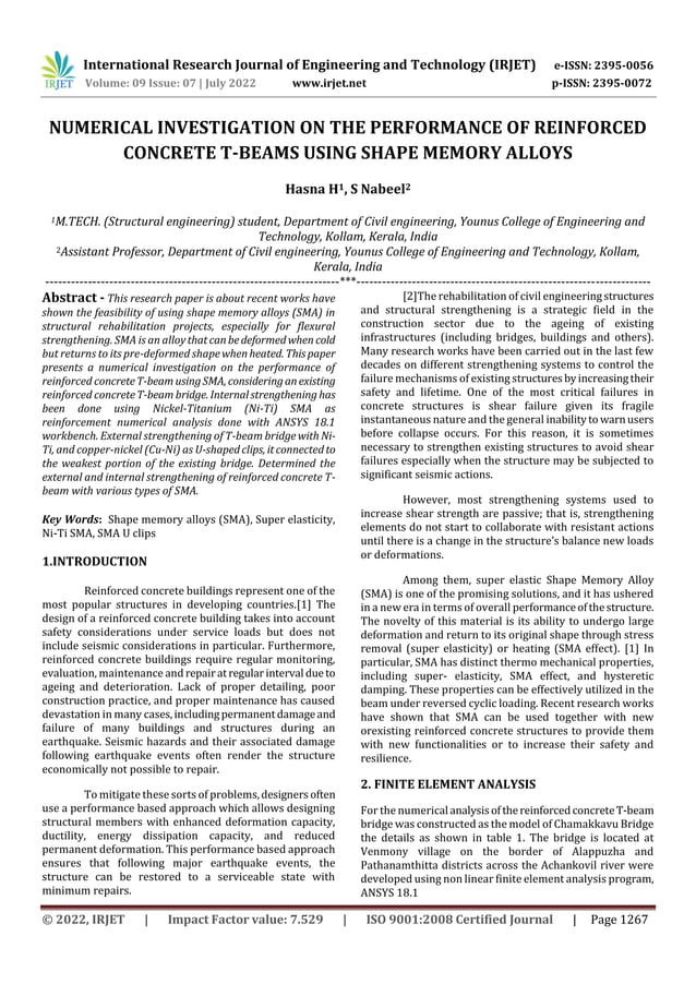 NUMERICAL INVESTIGATION ON THE PERFORMANCE OF REINFORCED CONCRETE T-BEAMS USING SHAPE MEMORY ...