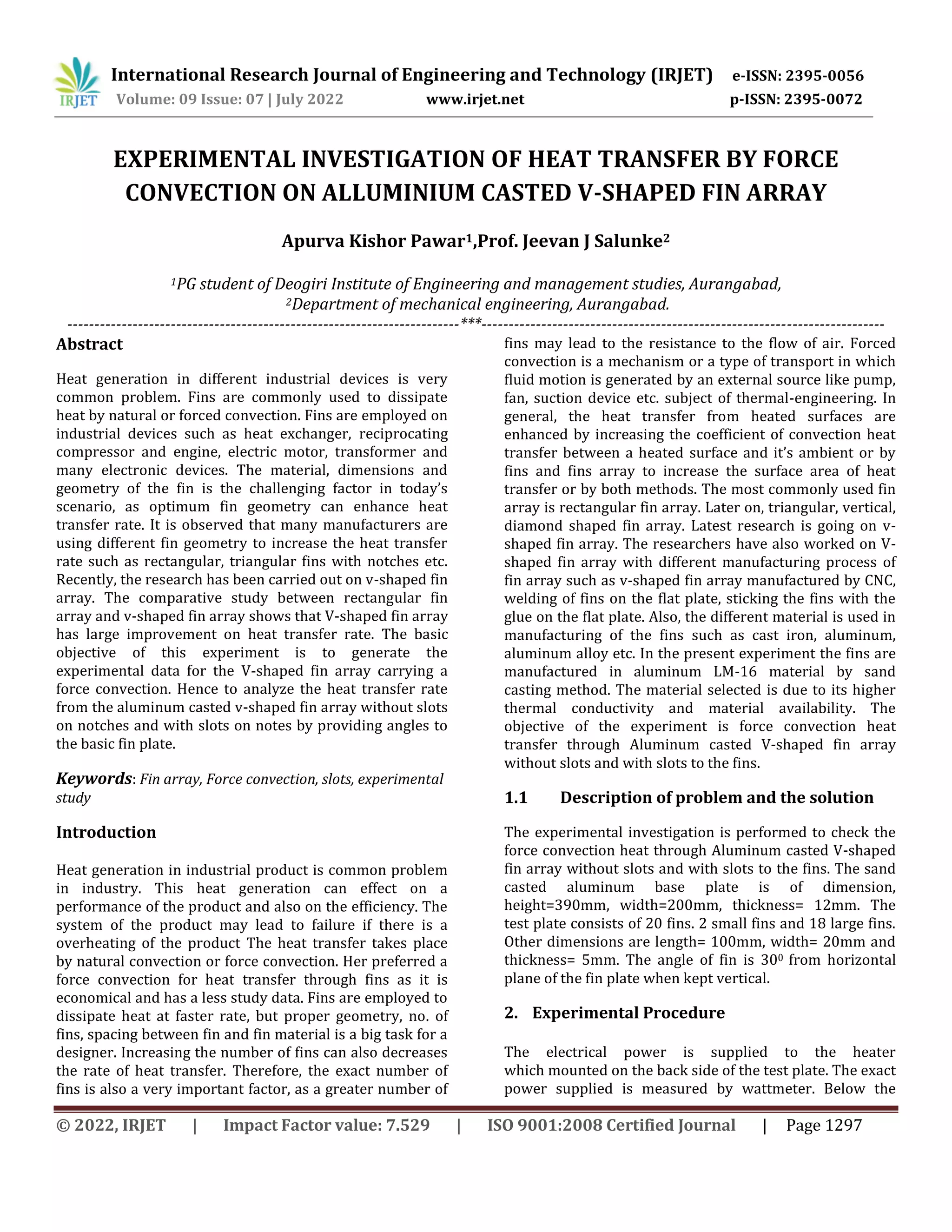 EXPERIMENTAL INVESTIGATION OF HEAT TRANSFER BY FORCE CONVECTION ON ALLUMINIUM CASTED V-SHAPED ...