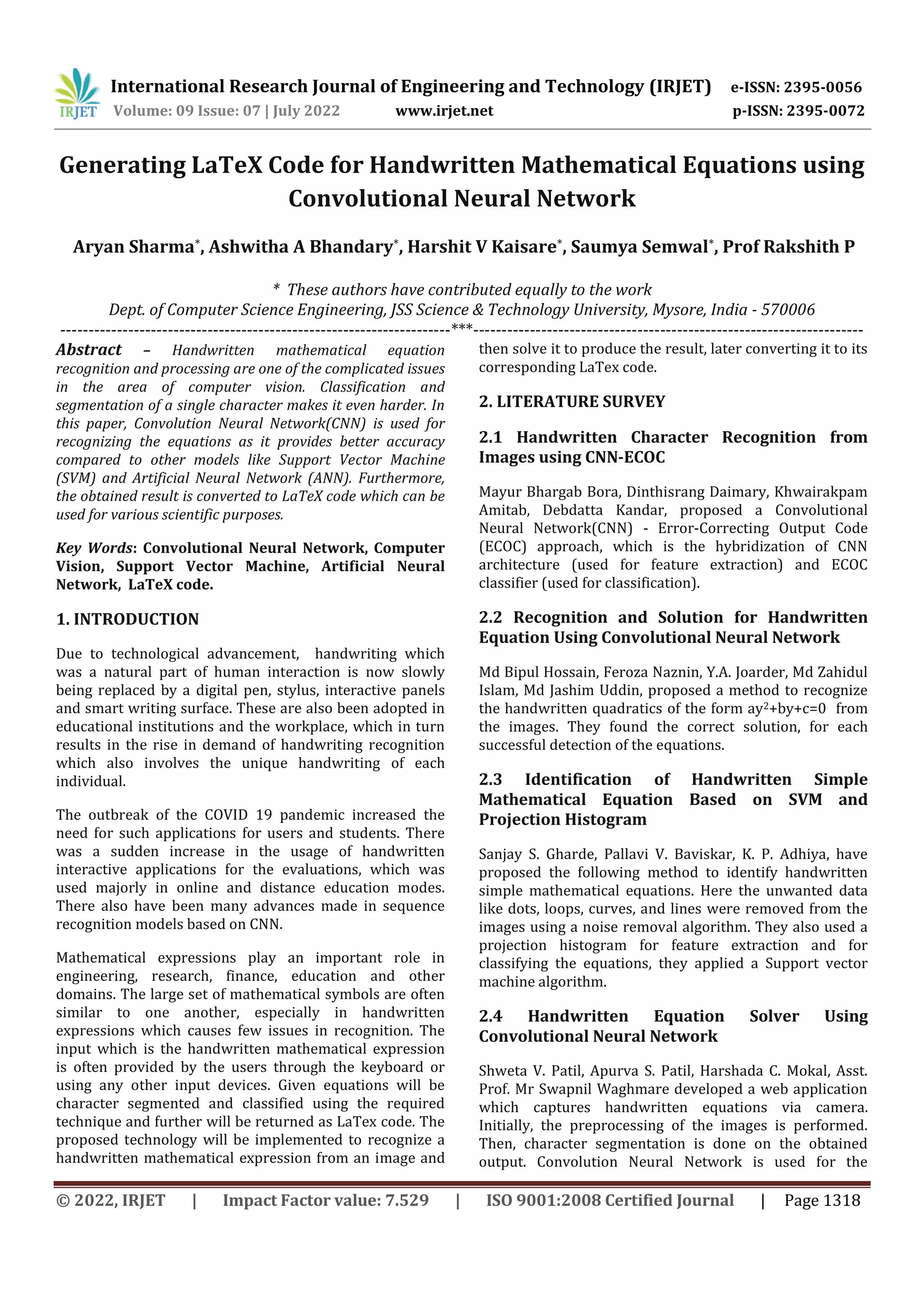 Generating Latex Code For Handwritten Mathematical Equations Using Convolutional Neural Network