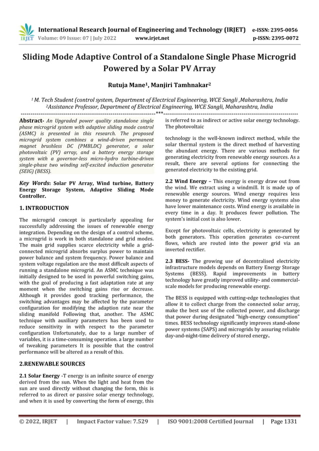 Sliding Mode Adaptive Control of a Standalone Single Phase Microgrid Powered by a Solar PV Array ...
