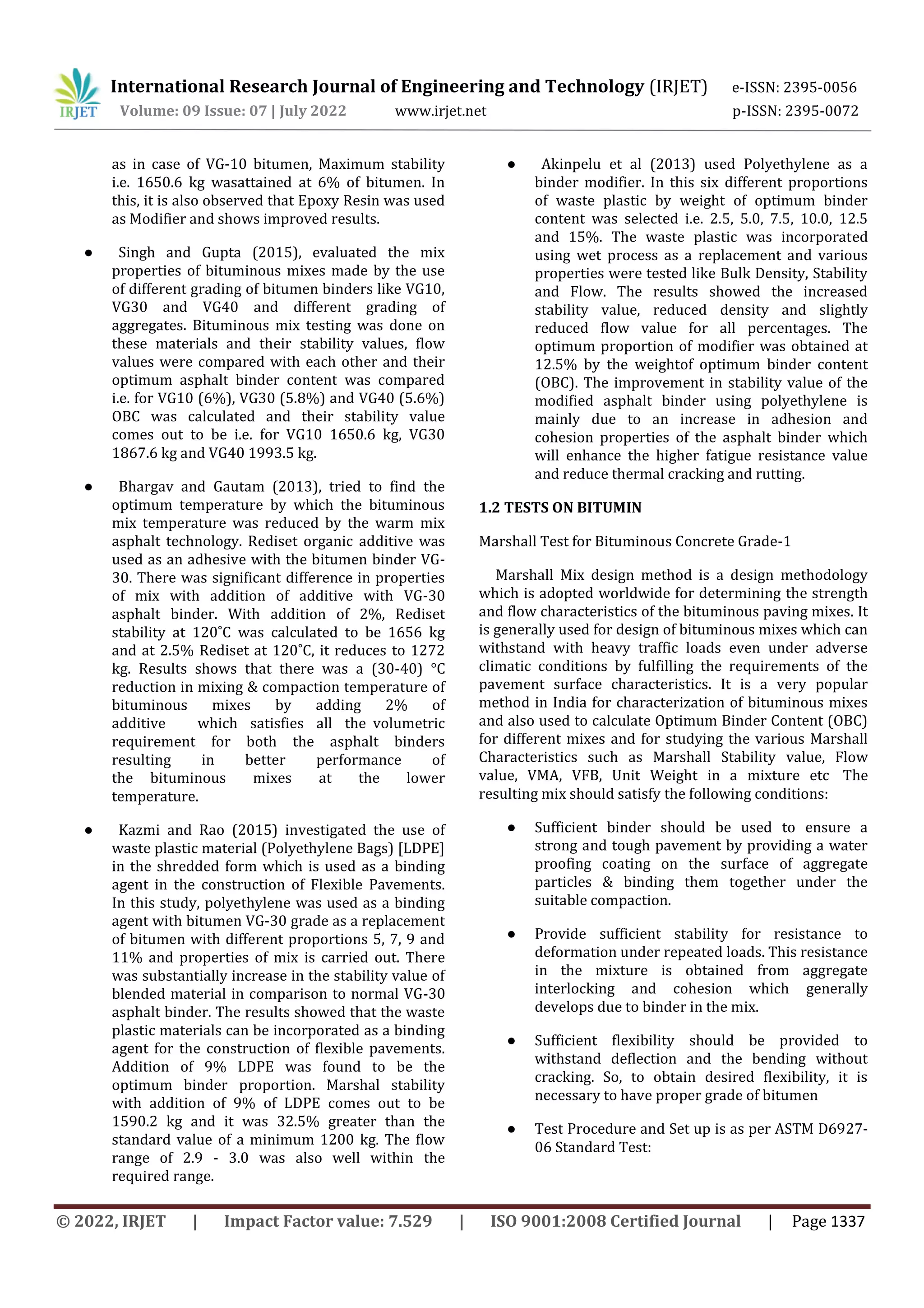 Lab Work And Investigations Of Bituminous Concrete Using Varoius Types Of Additives Which ...