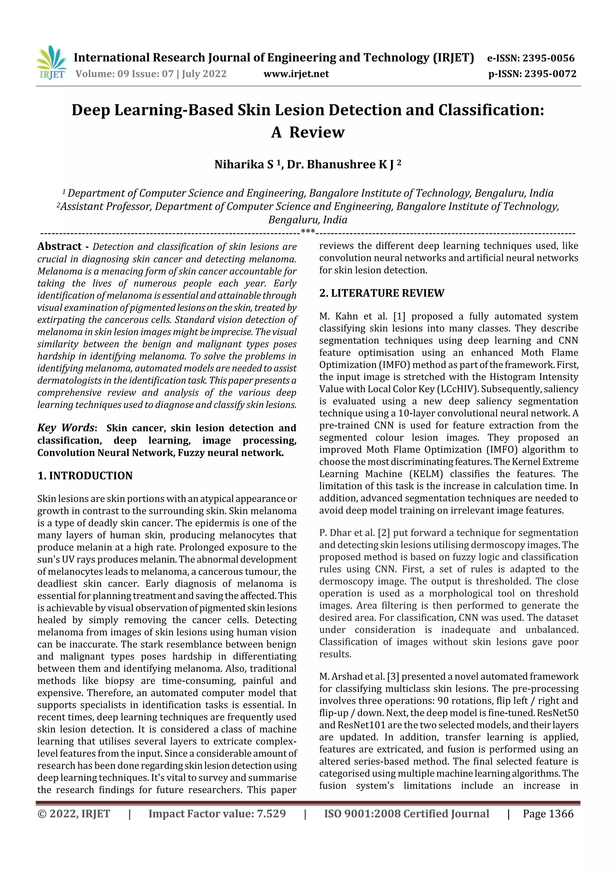 Deep Learning-Based Skin Lesion Detection and Classification: A Review | PDF
